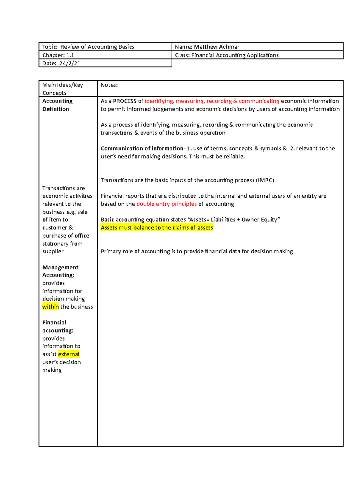FAA Study notes (week 1-3) - Topic: Review of Accounting Basics Name ...