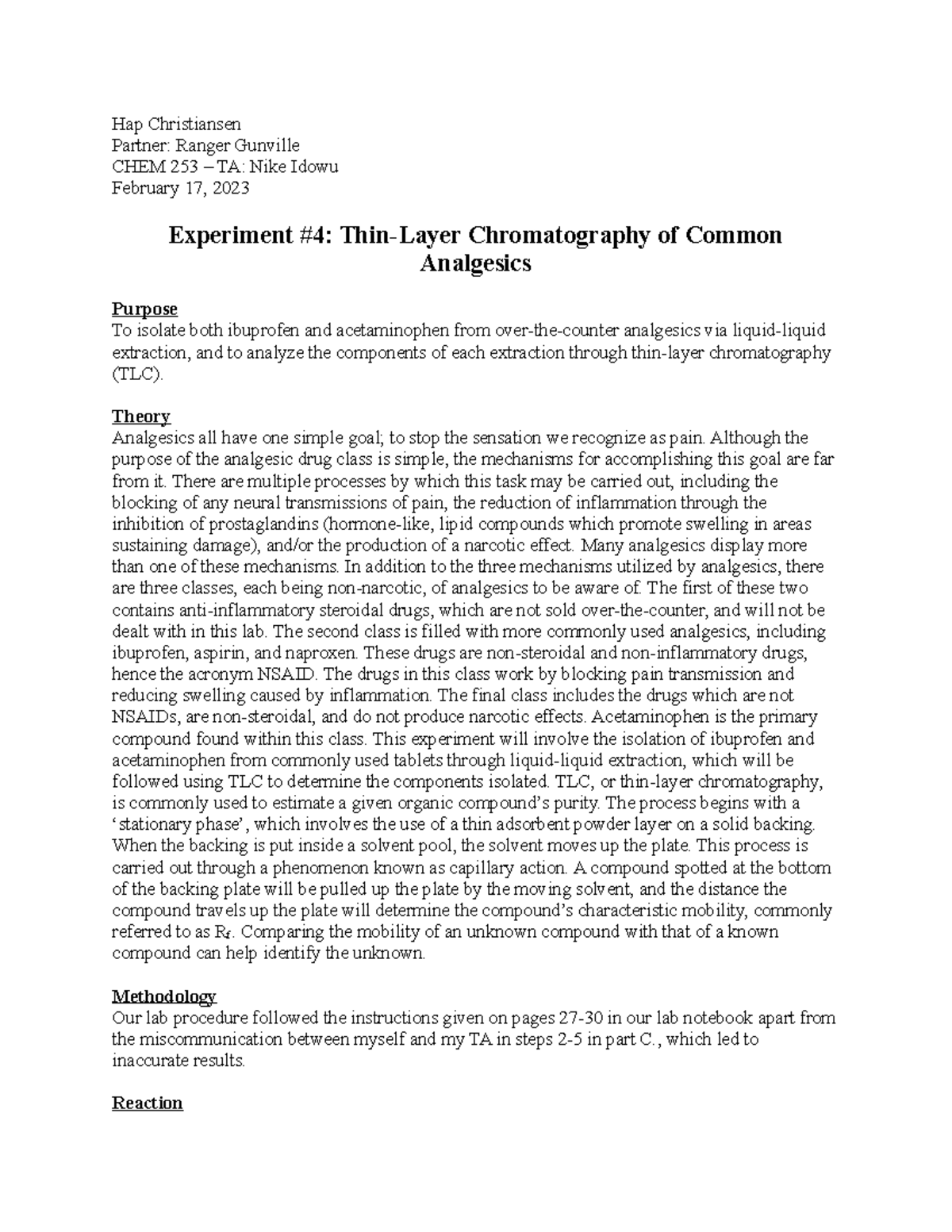Experiment #4; Thin-Layer Chromatogrophy Lab Report - Hap Christiansen Partner: Ranger Gunville ...
