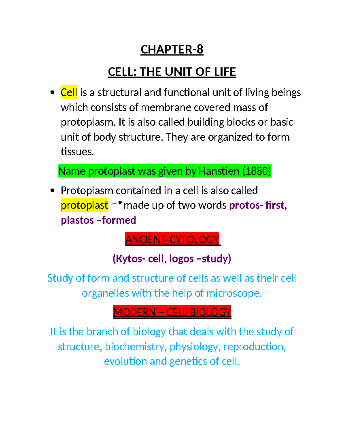 Biology chapter 8 notes - CHAPTER- CELL: THE UNIT OF LIFE Cell is a ...