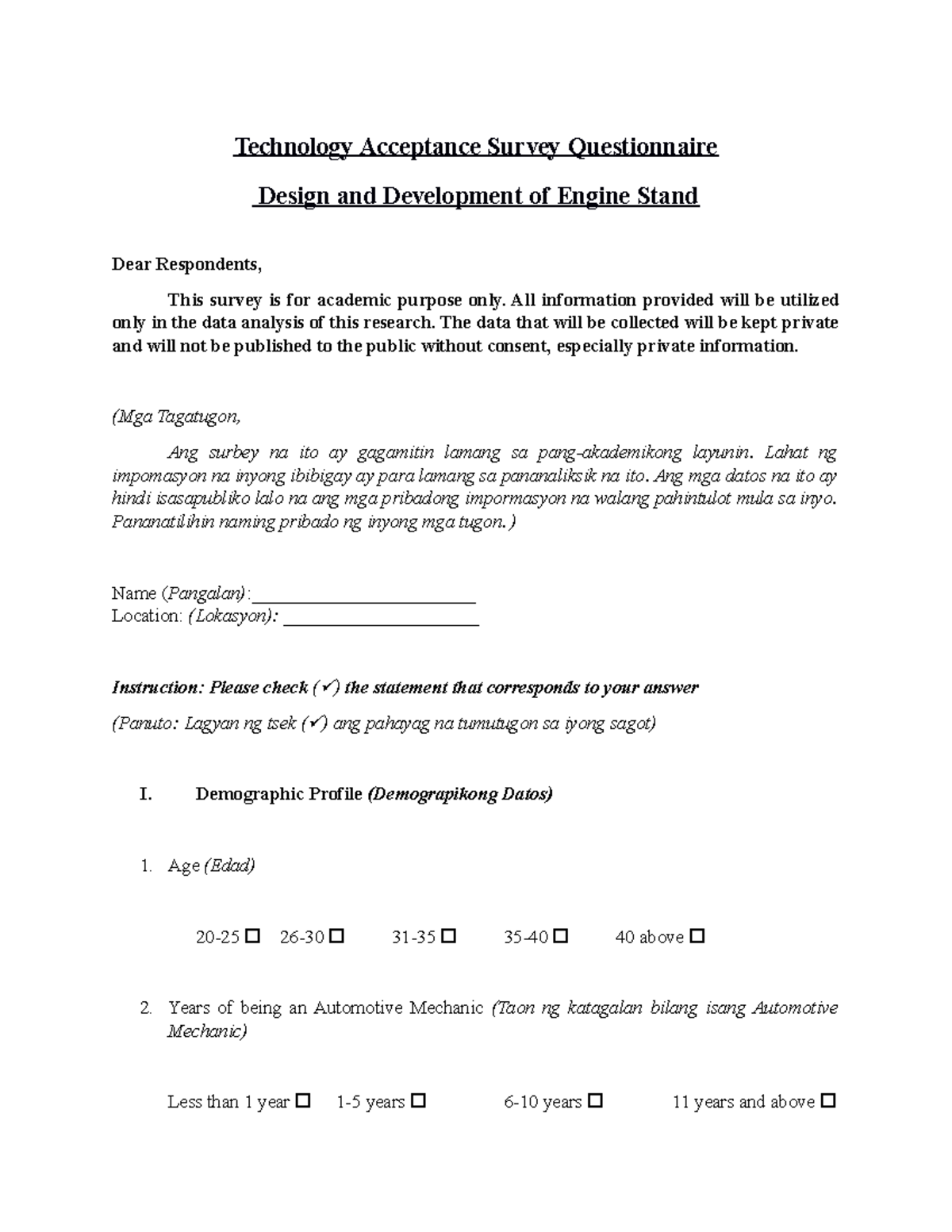 TAM- Questionnaire - Technology Acceptance Survey Questionnaire Design ...