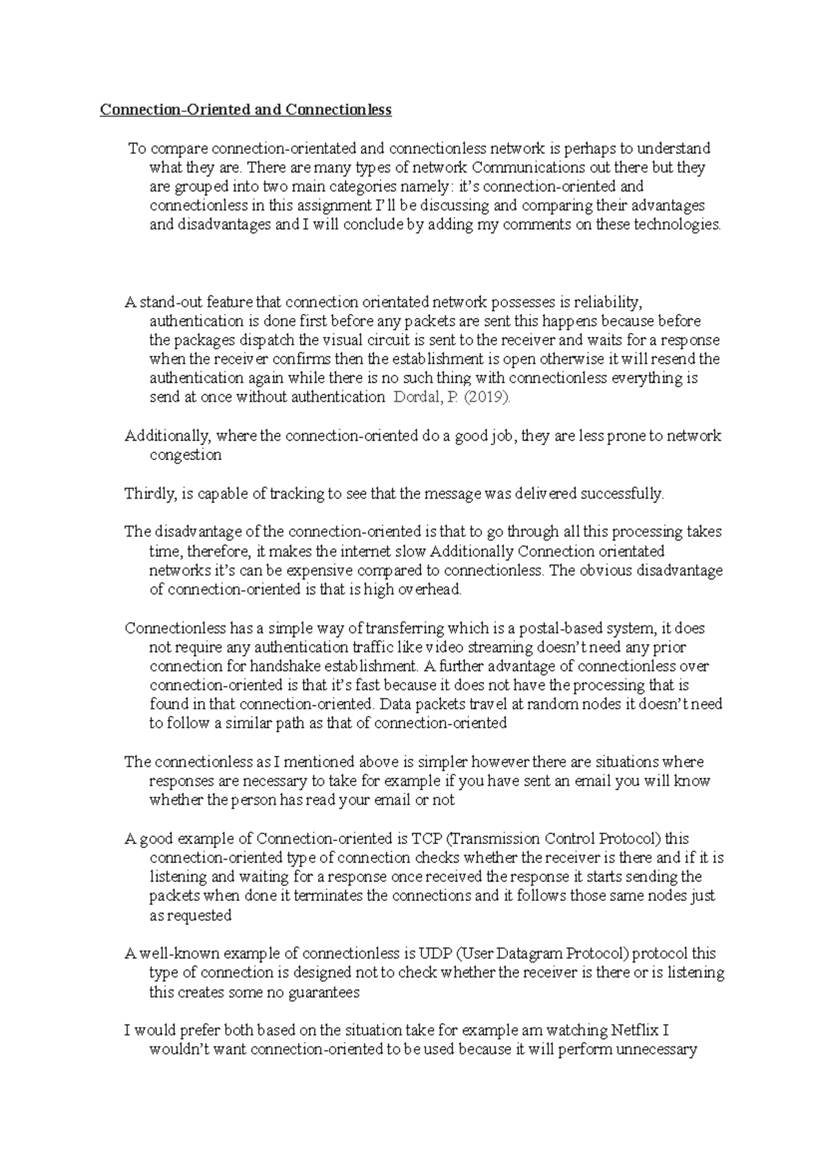 Cs2204 written assignments unit 1 - Connection-Oriented and ...