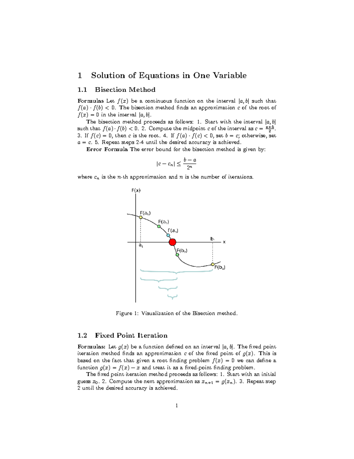 Numerical Analysis - Summary of methods - 1 Solution of Equations in One Variable 1 Bisection ...