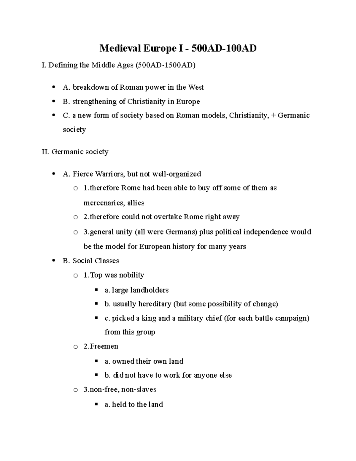 Medieval Europe I - Defining the Middle Ages (500AD-1500AD) A ...