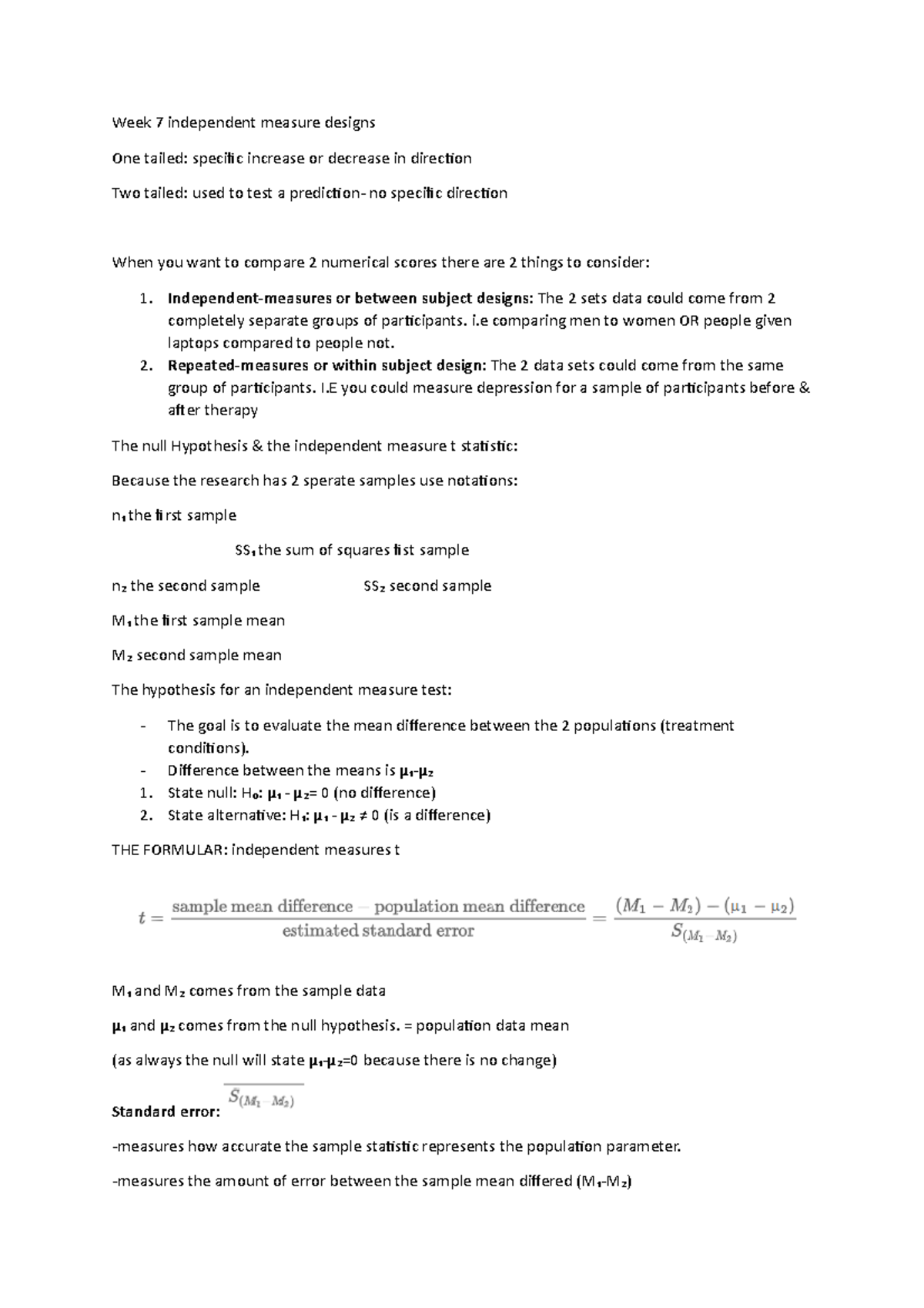 Week 7 stats - Lecture notes 7 - Week 7 independent measure designs One ...