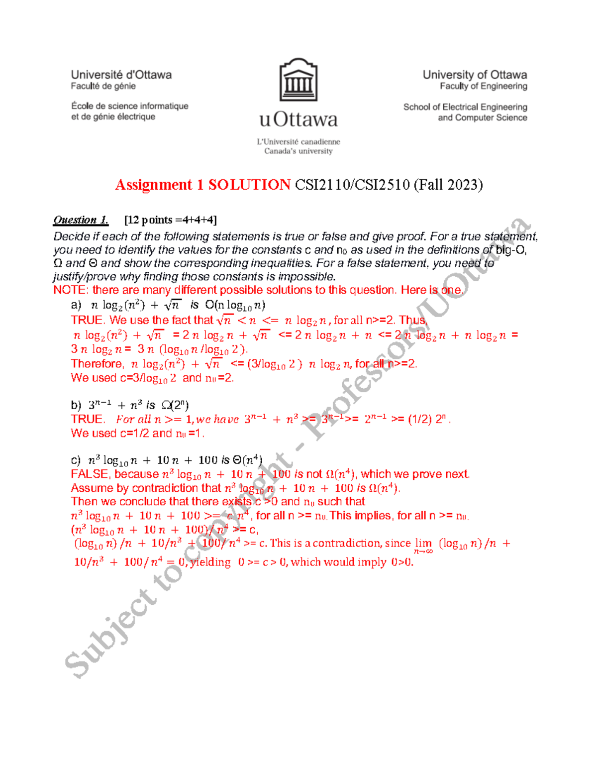 A1 Solution - Assigment 1 - Assignment 1 SOLUTION CSI21 10 /CSI2510 (Fall 202 3 ) Question 1 ...