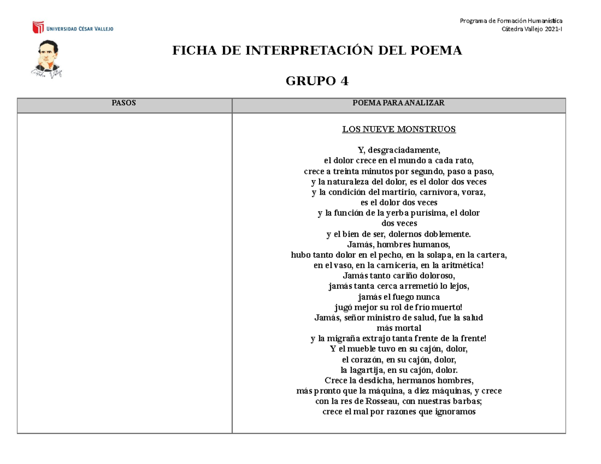 Ficha DE InterpretacióN DEL Poema - Cátedra Vallejo 2021-I FICHA DE ...