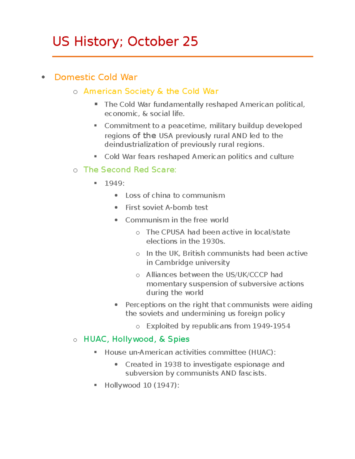 Cold war - notes - US History; October 25 Domestic Cold War o American ...