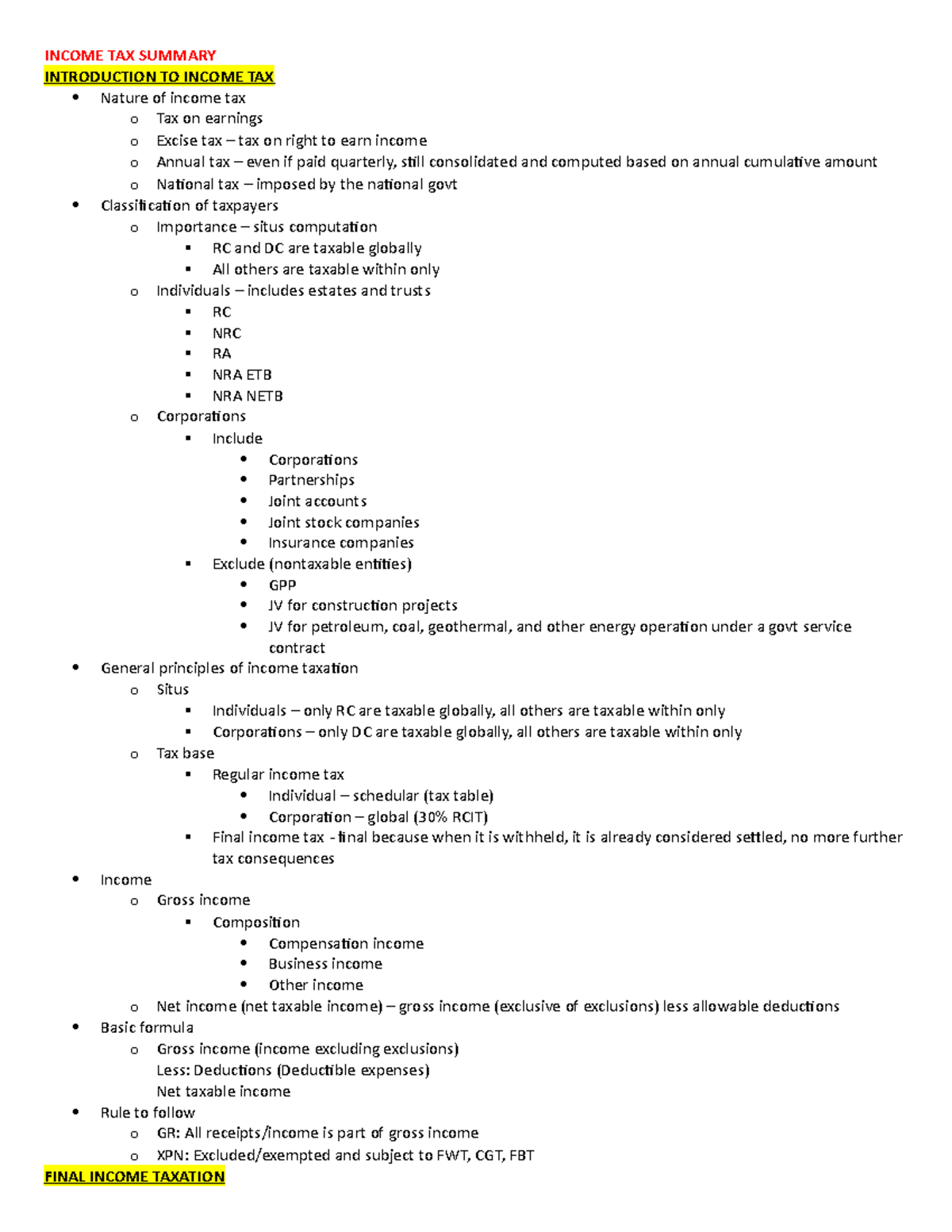 Income-Tax - Income tax summary notes - INCOME TAX SUMMARY INTRODUCTION ...
