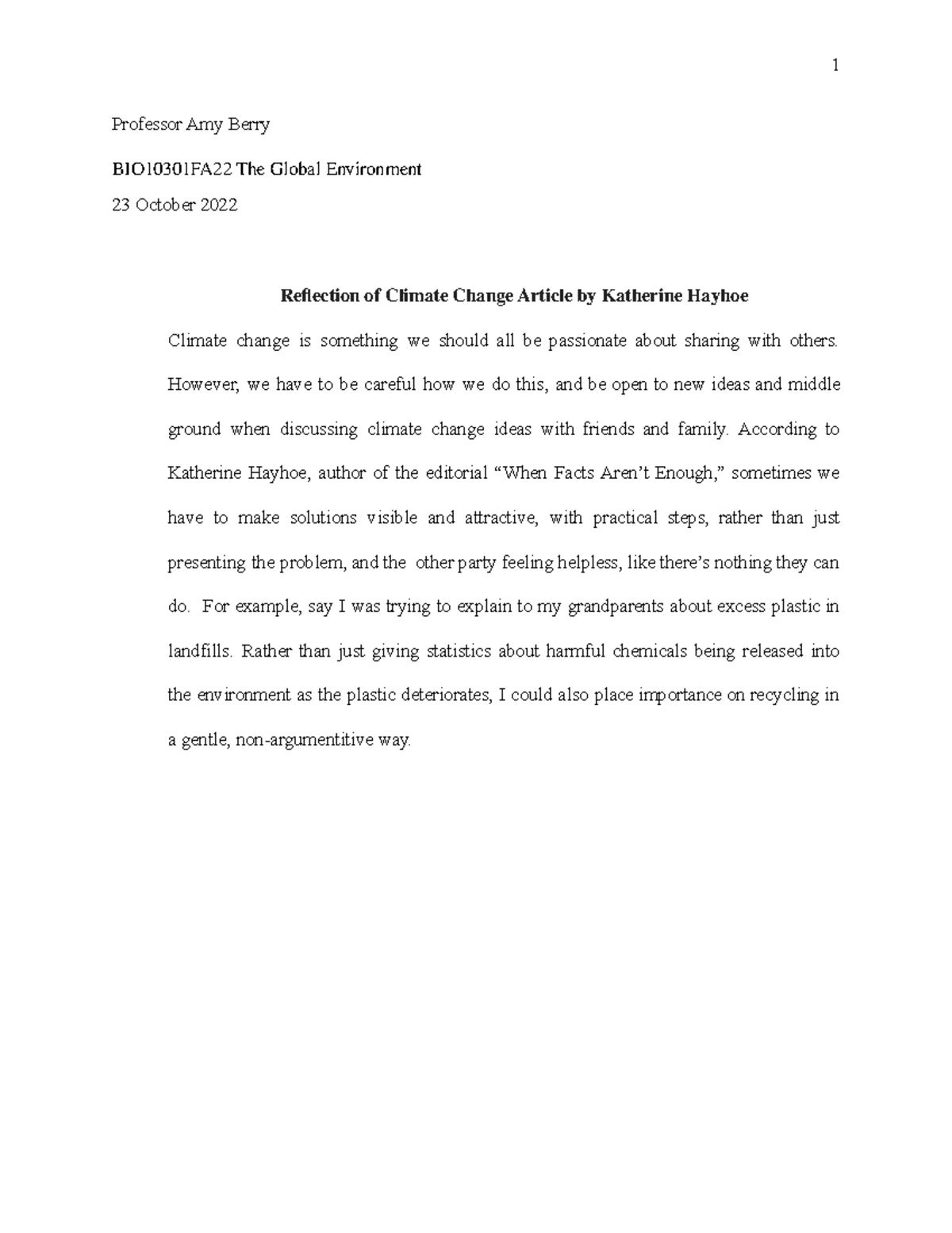 Reflection of Climate Change Article by Katherine Hayhoe - 1 Professor ...