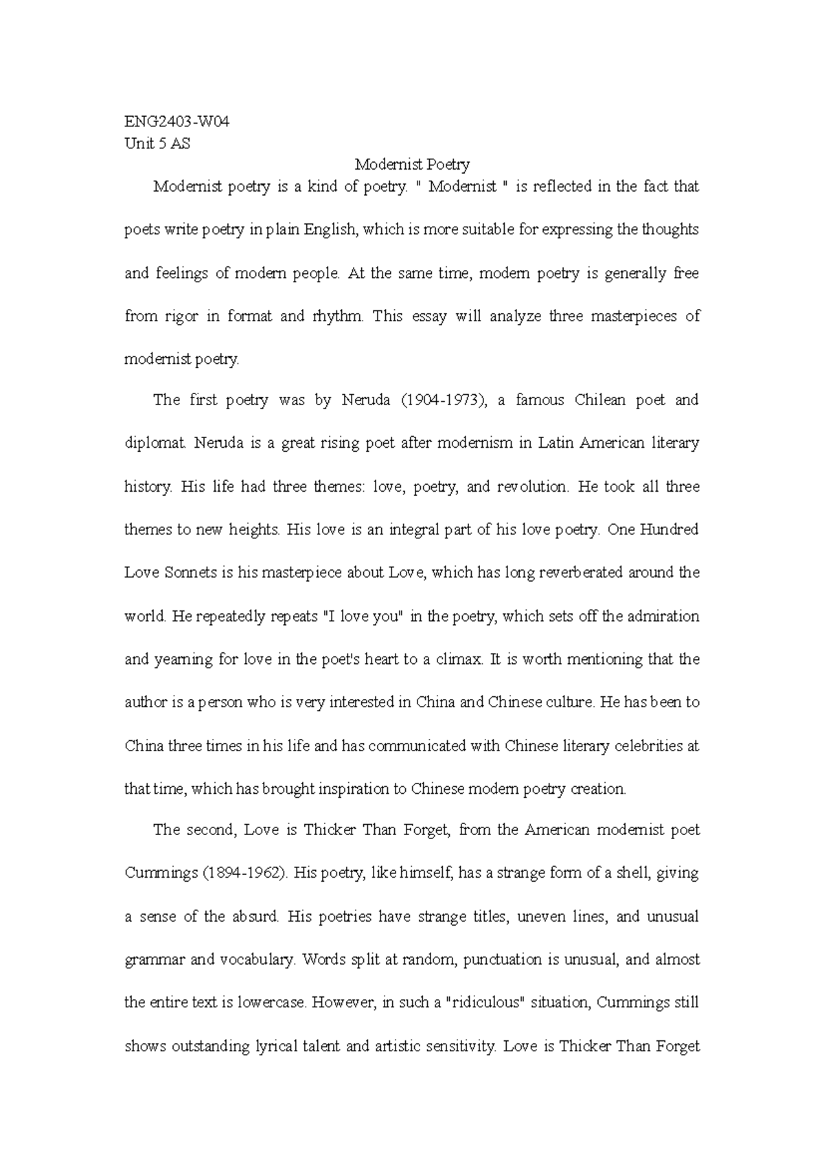 Unit 5 AS Modernist Poetry - ENG 2403 - KEAN - Studocu