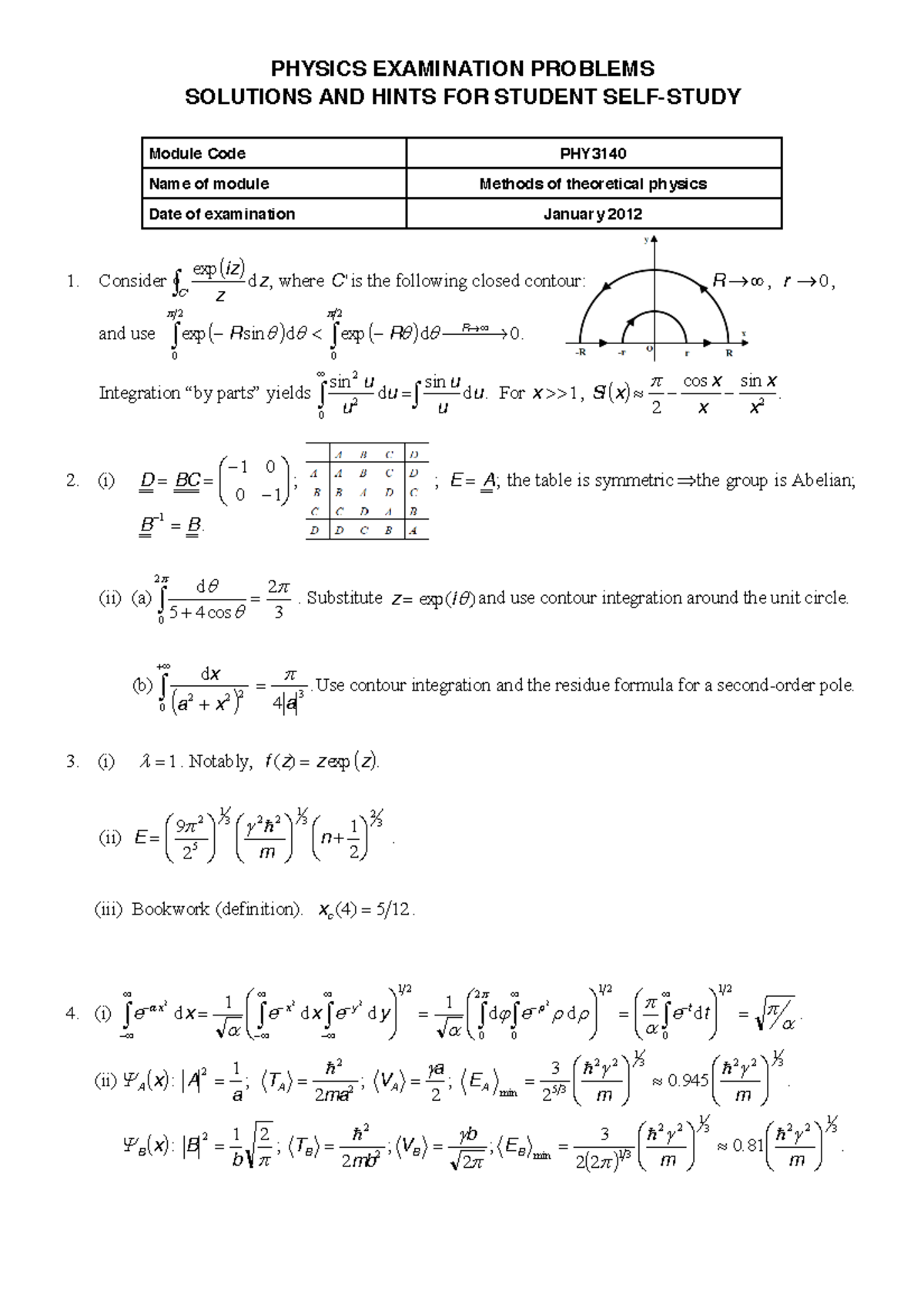 Exam January 2012, answers - ! PHYSICS EXAMINATION PROBLEMS SOLUTIONS ...