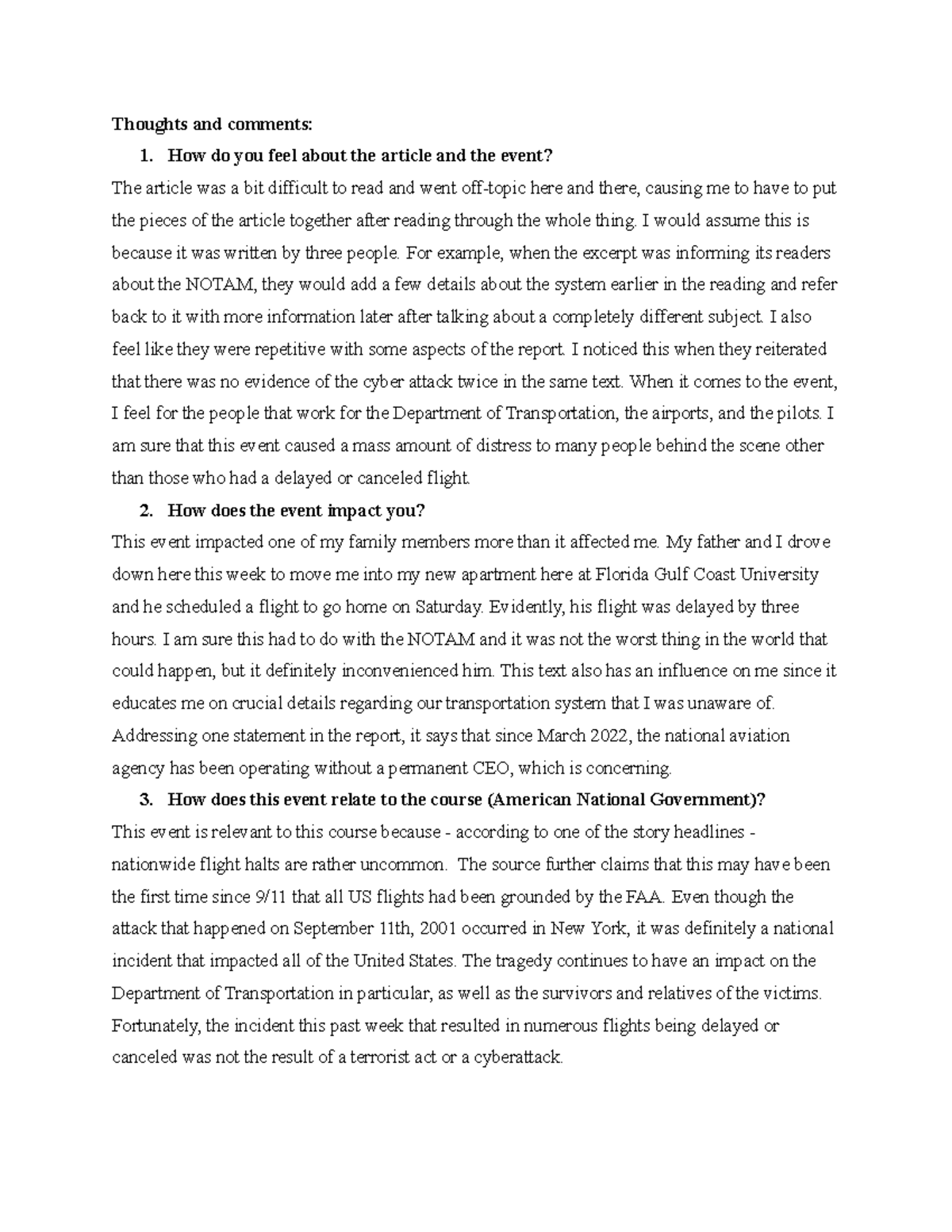 Current Event One (Part 2) - Thoughts and comments: 1. How do you feel ...