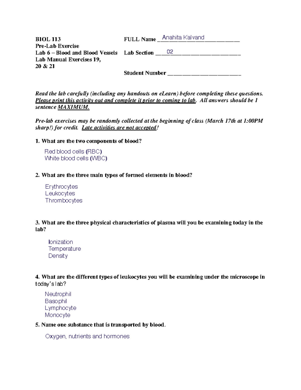 Pre-lab6 - Blood and Blood Vessels - BIOL 113 FULL Name ...