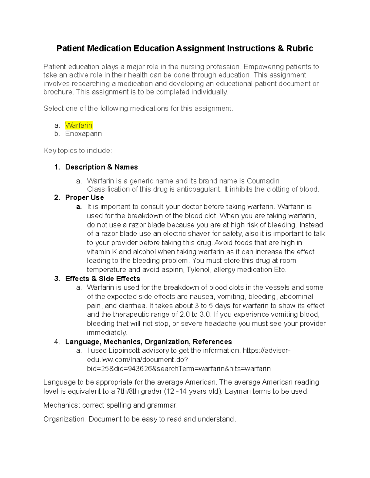 Pt Ed Instructions- clinical assignment - Patient Medication Education ...