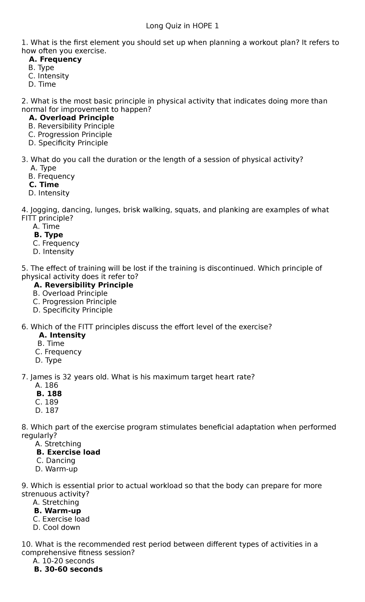 Long Quiz in HOPE 1 - Post Assessment - Long Quiz in HOPE 1 What is the first element you should ...