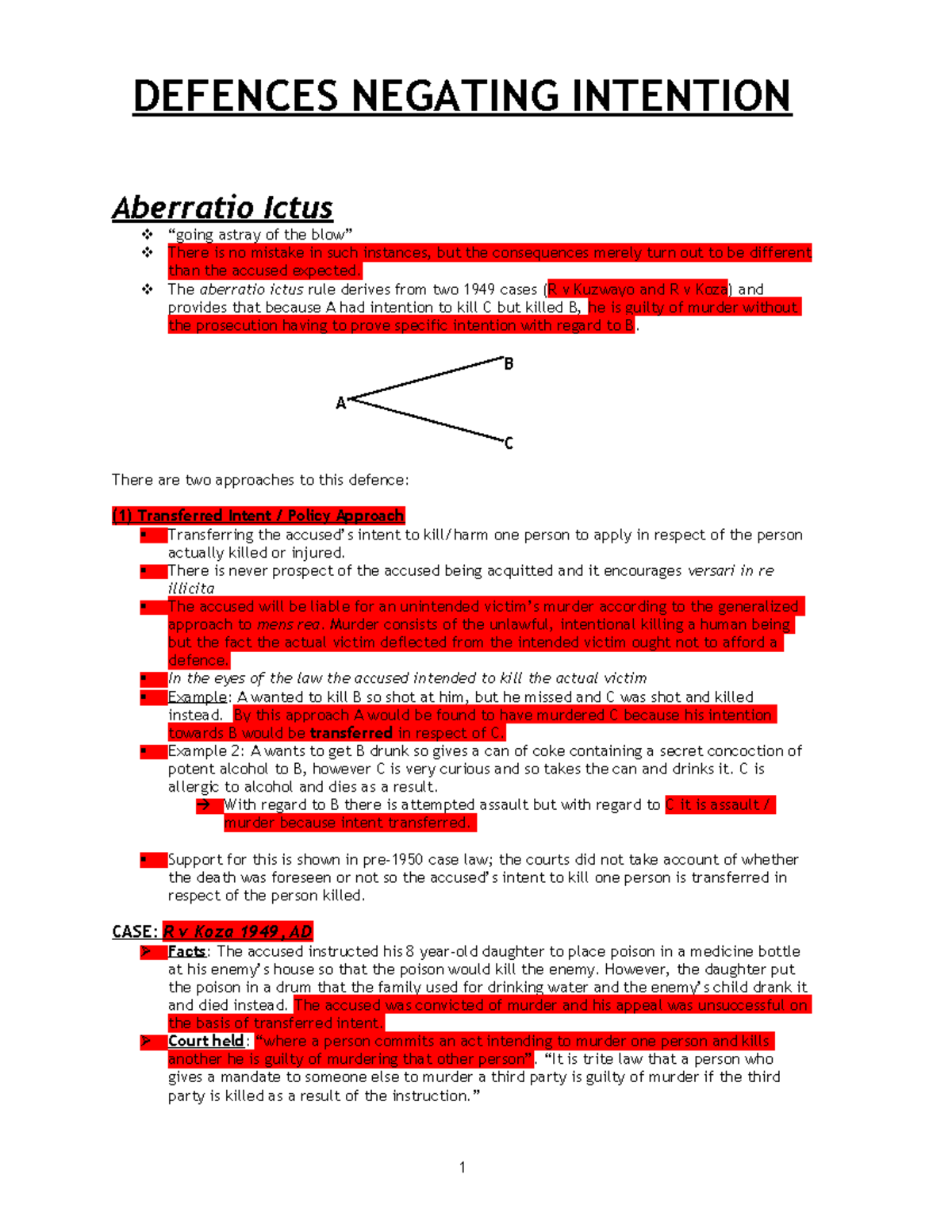 08CR - Aberratio Ictus - notes summary - DEFENCES NEGATING INTENTION ...