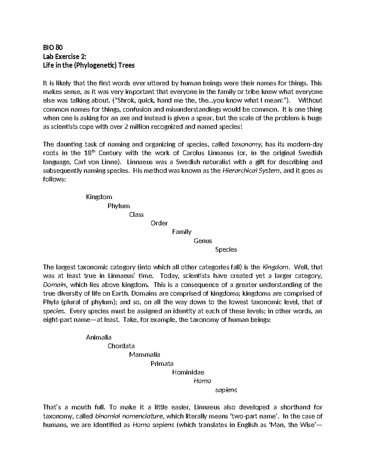 BIO 80 Lab Exercise 2 (Take Home Version) - BIO 80 Lab Exercise 2: Life ...