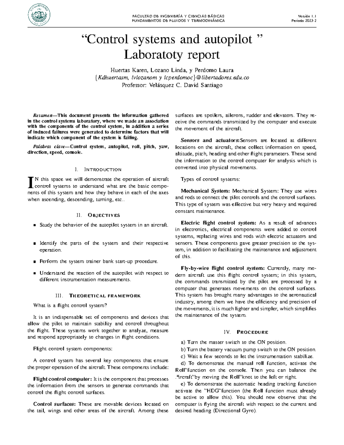 Lab 1-Flight control and autopilot - FACULTAD DE INGENIER ́IA Y ...