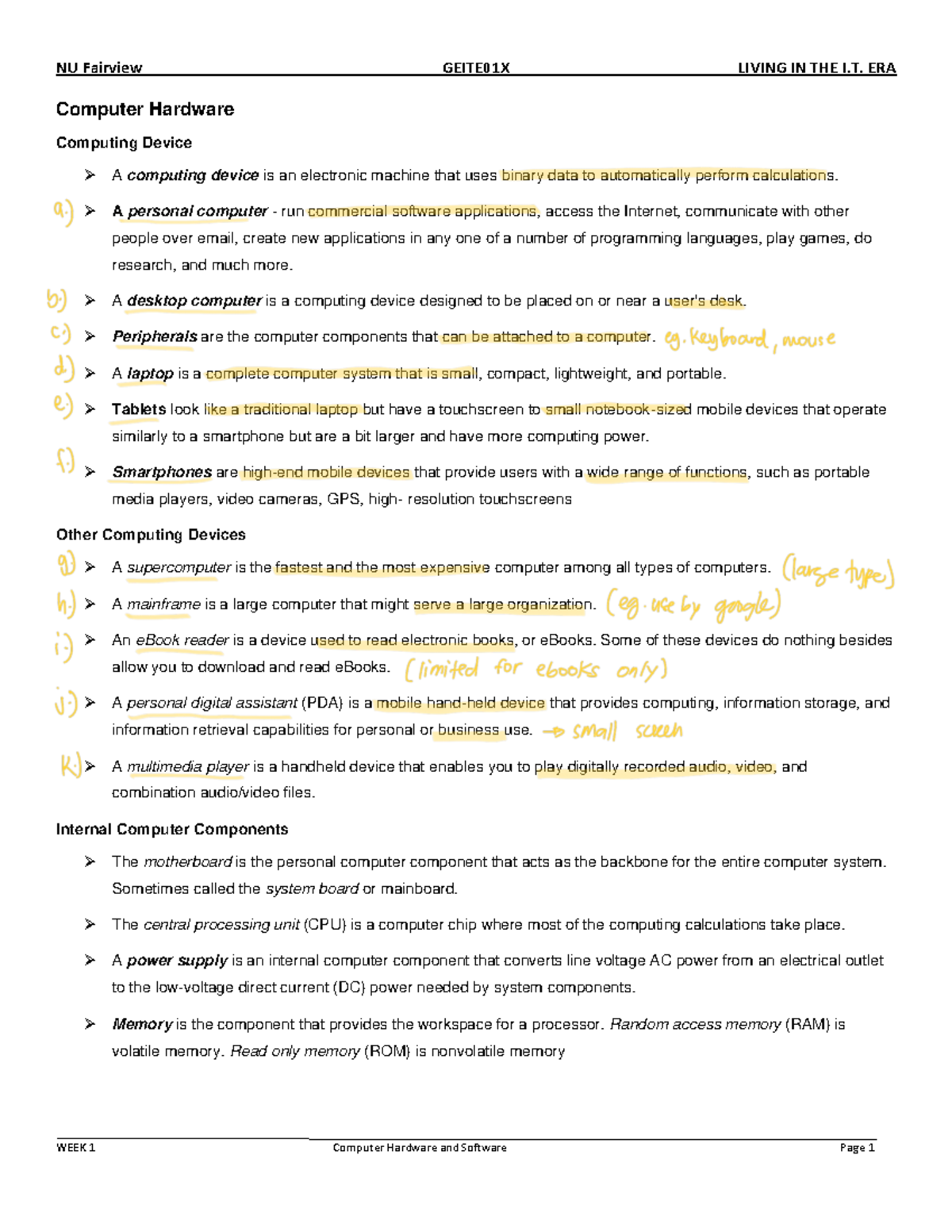 LIVING IN IT ERA Week1 Handouts - Computer Hardware Computing Device A ...