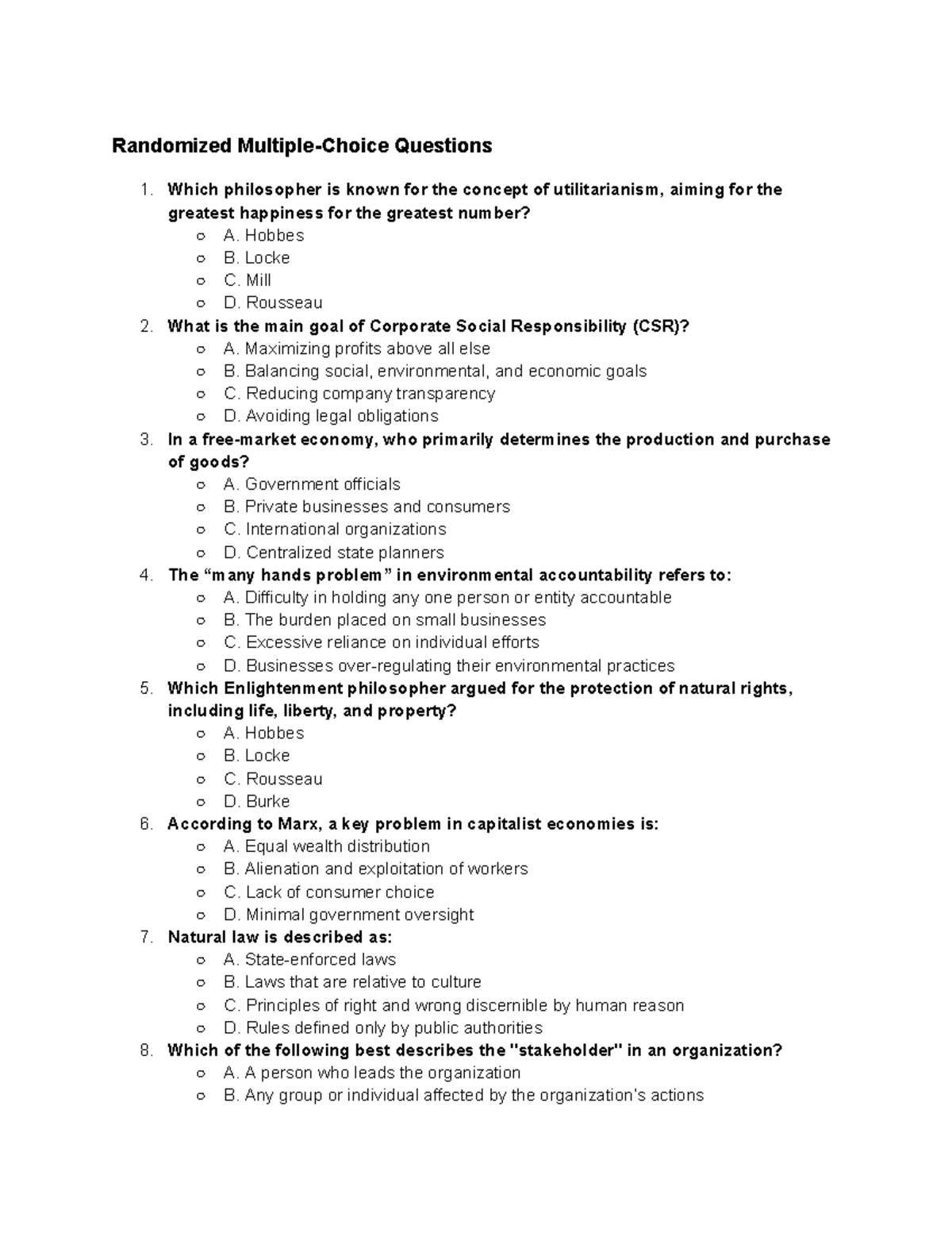 Randomized Multiple Choice Questions Hobbes B Locke C Mill D Rousseau What Is The Main