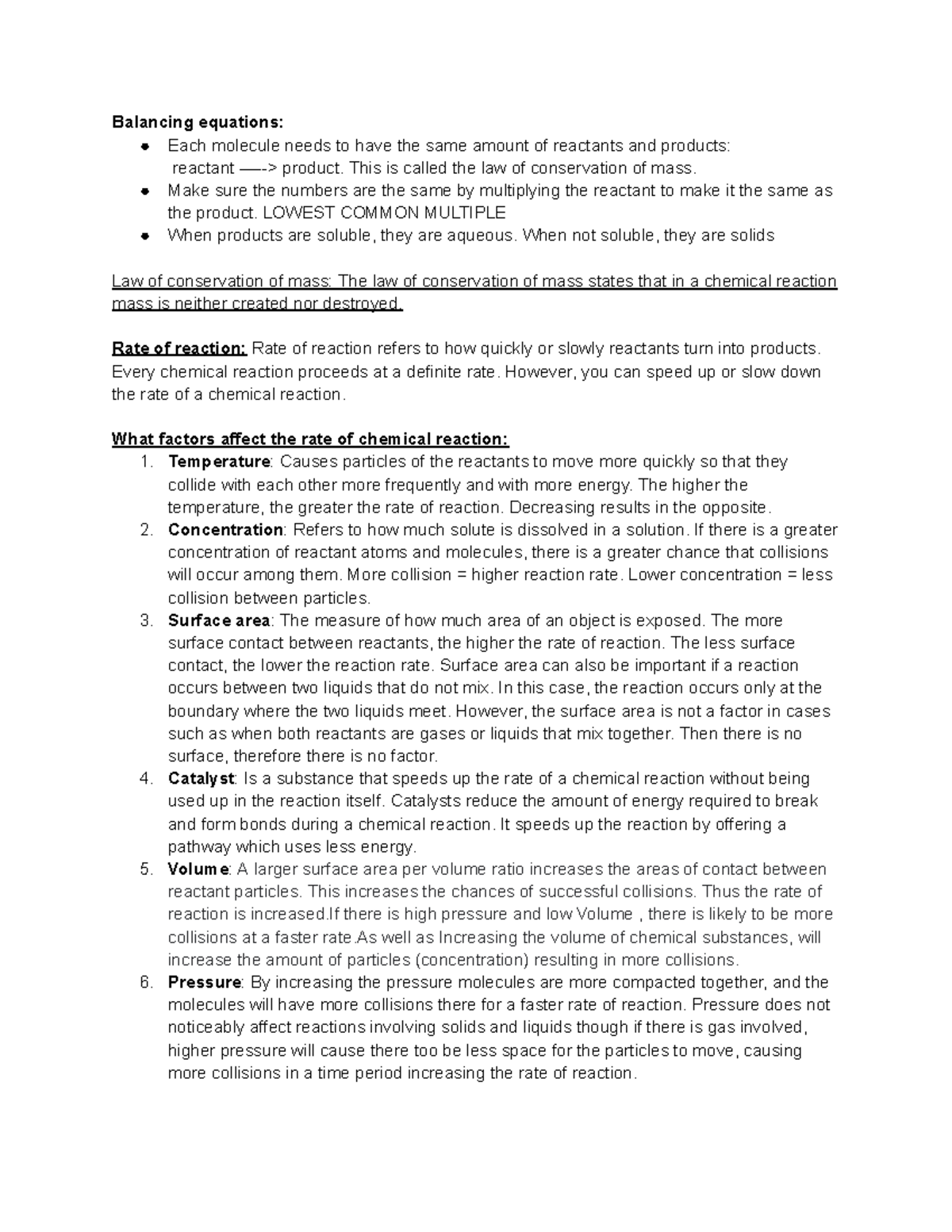 Chemistry chemical reactions notes - Balancing equations: Each molecule ...