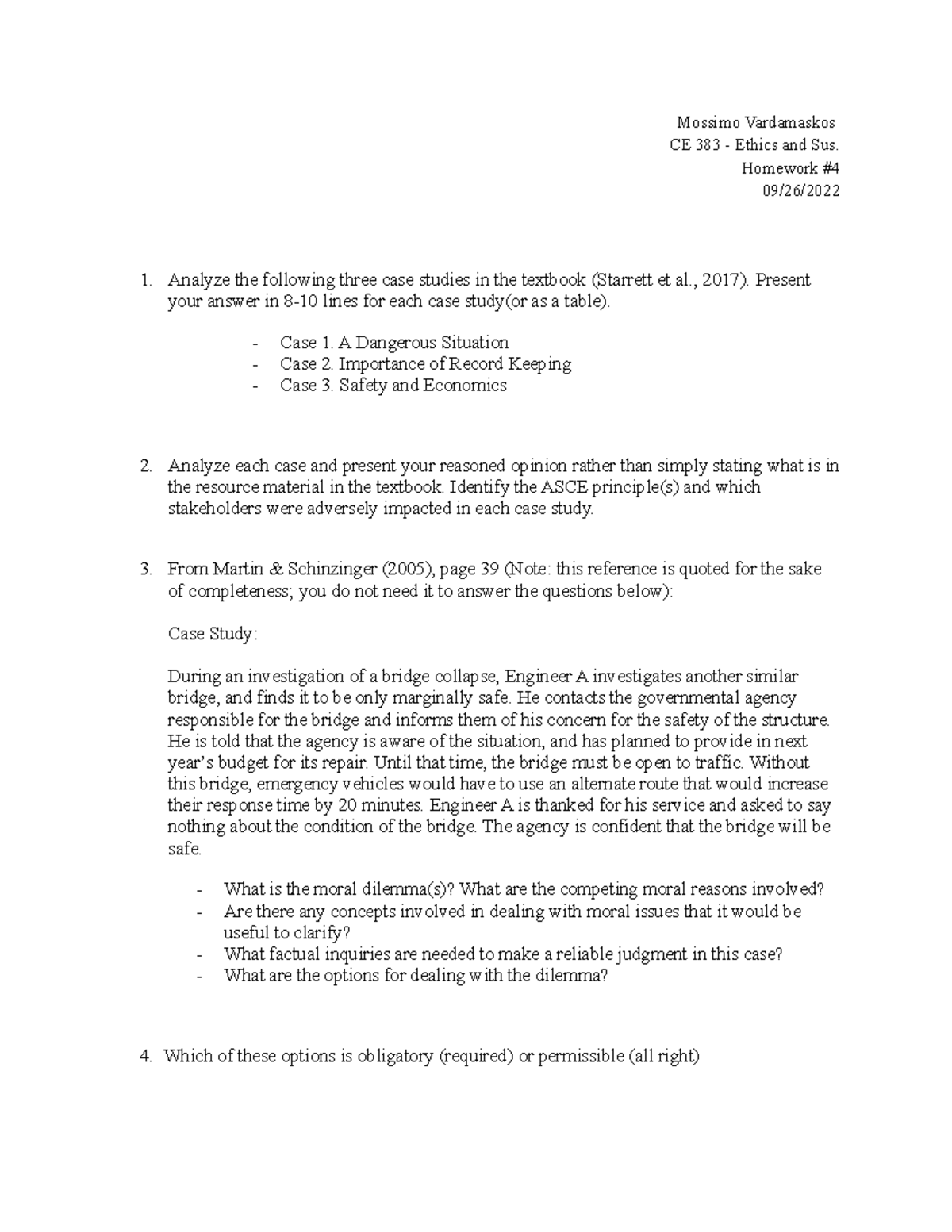 CE 383 - Homework #4 - Mossimo Vardamaskos CE 383 - Ethics and Sus ...