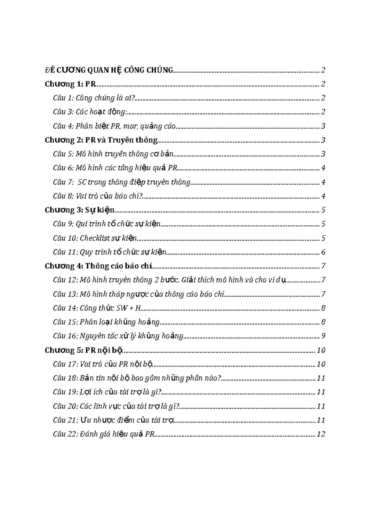 ĐỀ CƯƠNG QUAN HỆ CÔNG Chúng - ĐỀỀ C ƯƠNG QUAN H Ệ CÔNG - Studocu