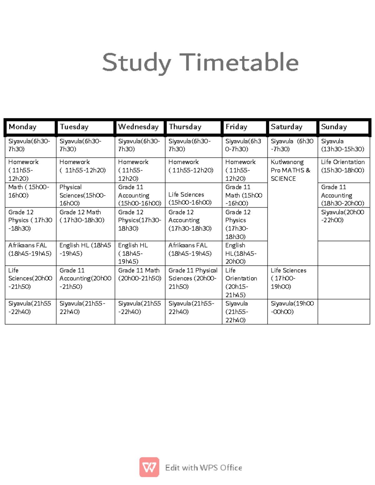 Study Timetable Term 3 - Study TimetableStudy Timetable Monday Tuesday ...