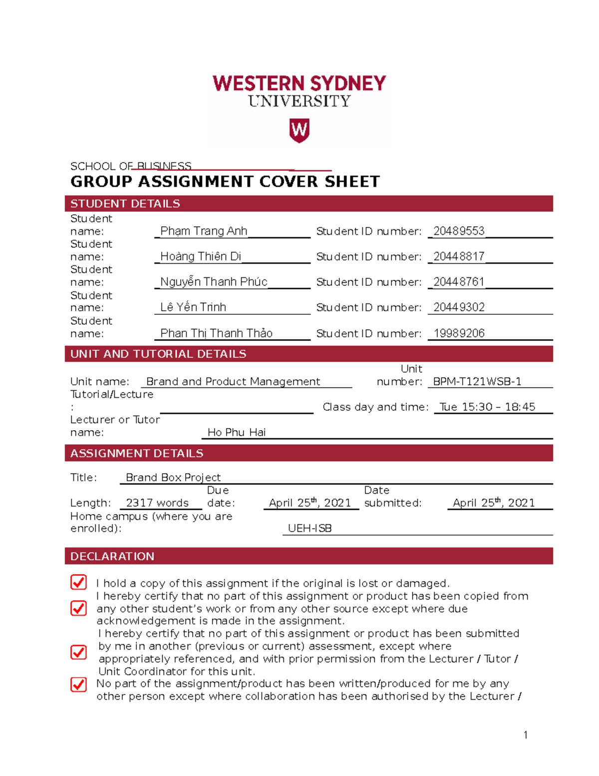 Final Final Final Final - SCHOOL OF BUSINESS GROUP ASSIGNMENT COVER ...