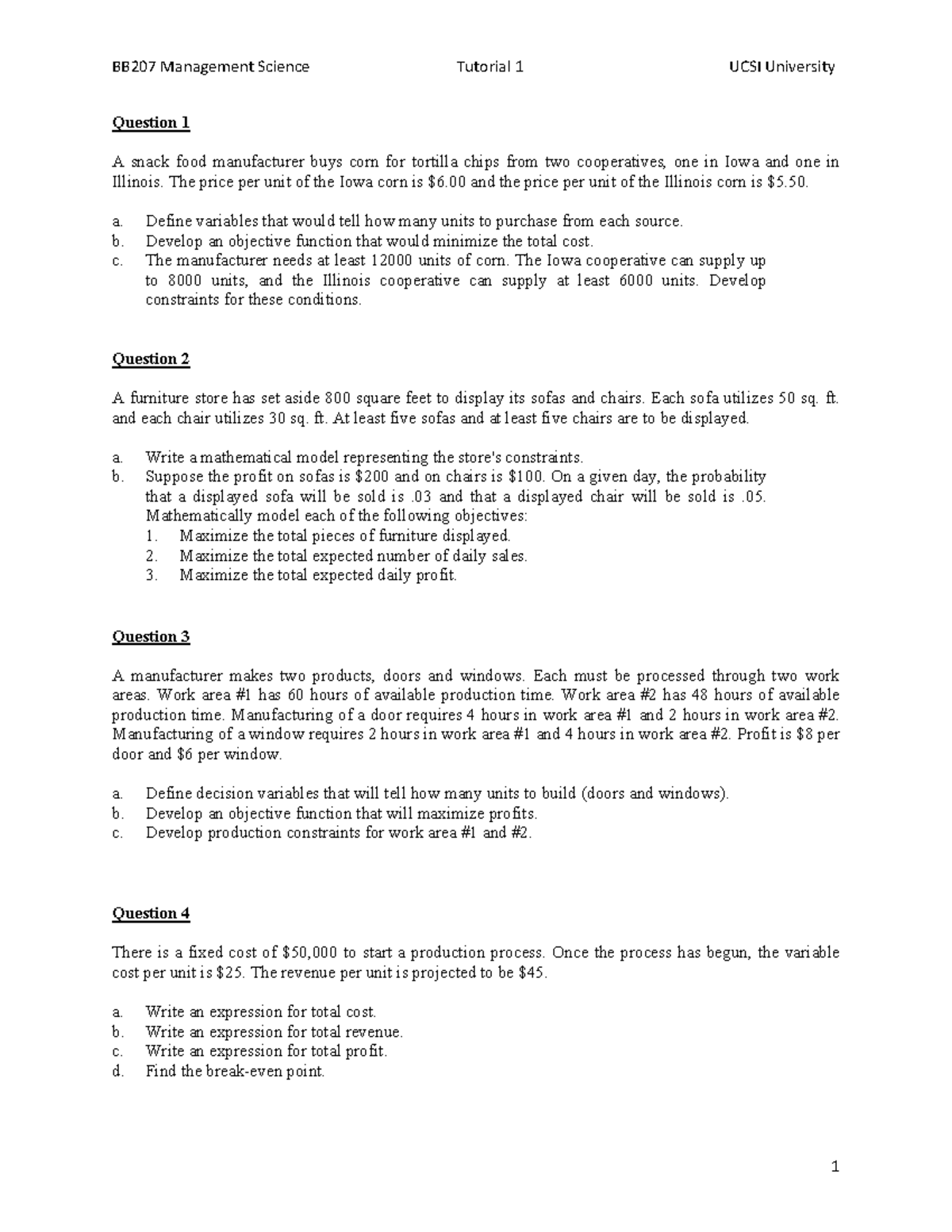 Tutorial 1 BB207 - BB207 Management Science Tutorial 1 UCSI University ...