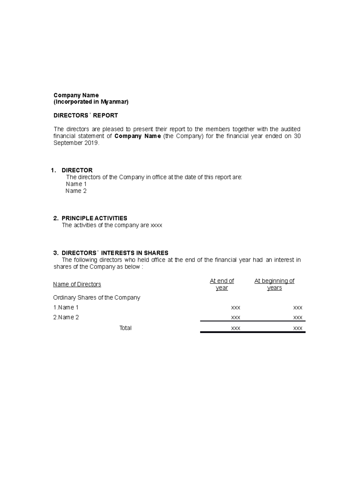 Sample director's report to Auditor in Finanancial Statement - Company ...