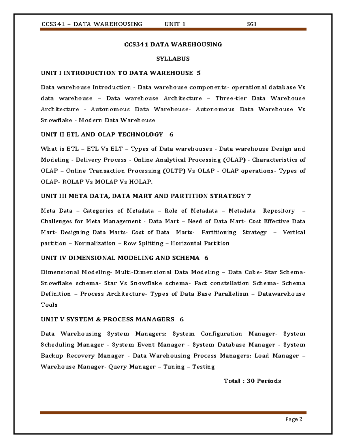 Unit1 updated - CCS341 DATA WAREHOUSING SYLLABUS UNIT I INTRODUCTION TO ...