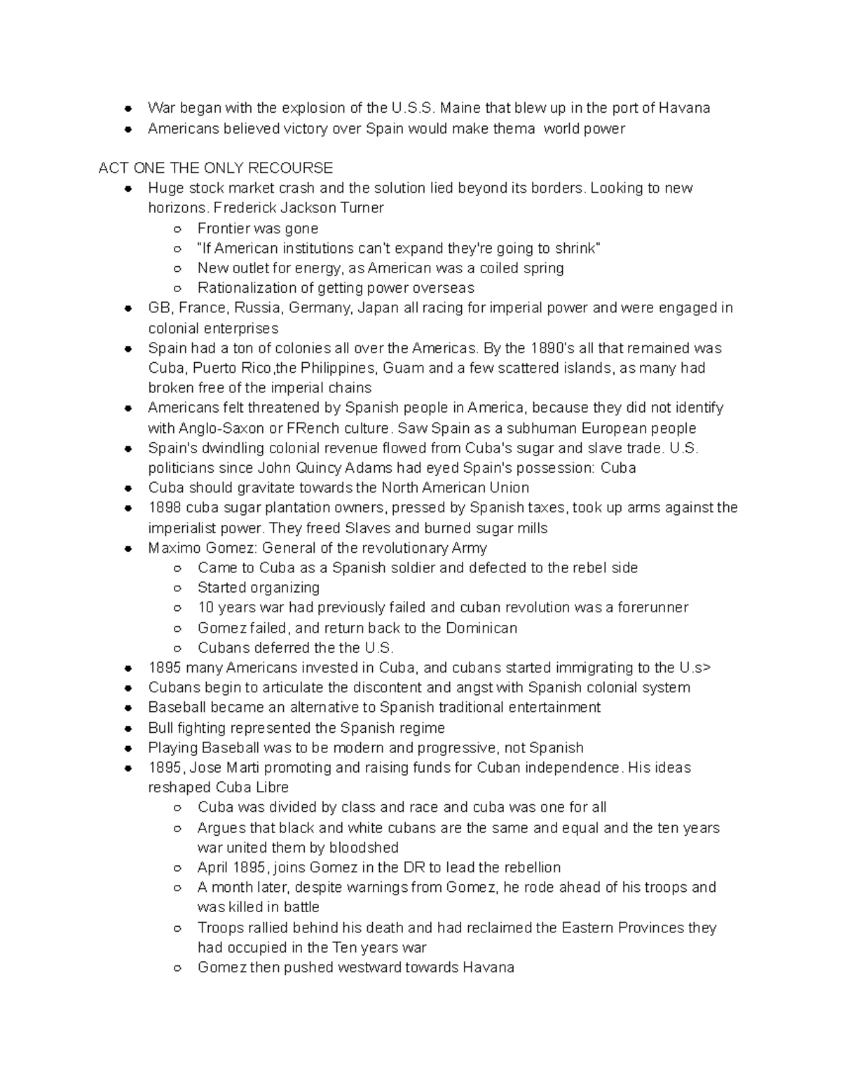 HIS 283 Crucible of Empire The Spanish American War Notes - War began ...