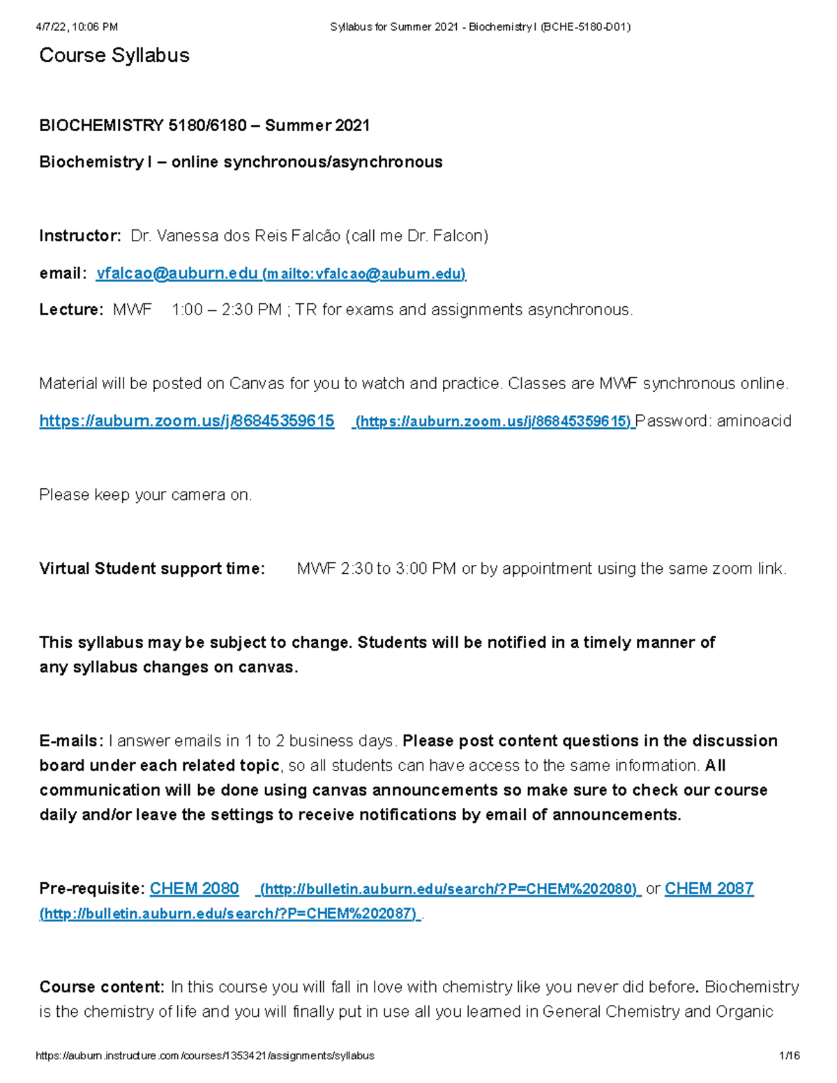 Syllabus for Summer 2021 - Biochemistry I (BCHE-5180-D01) - Course ...