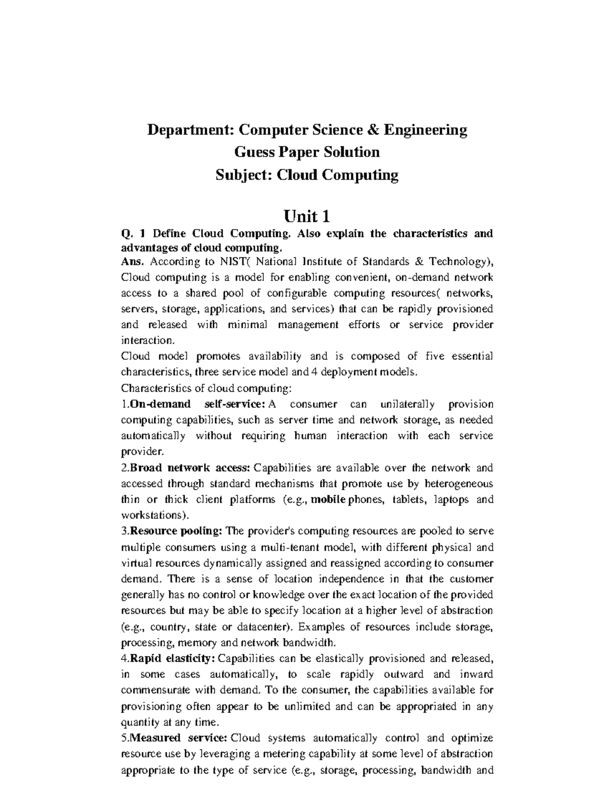 Cloud Computing Guess Paper with Solutions - Department: Computer ...