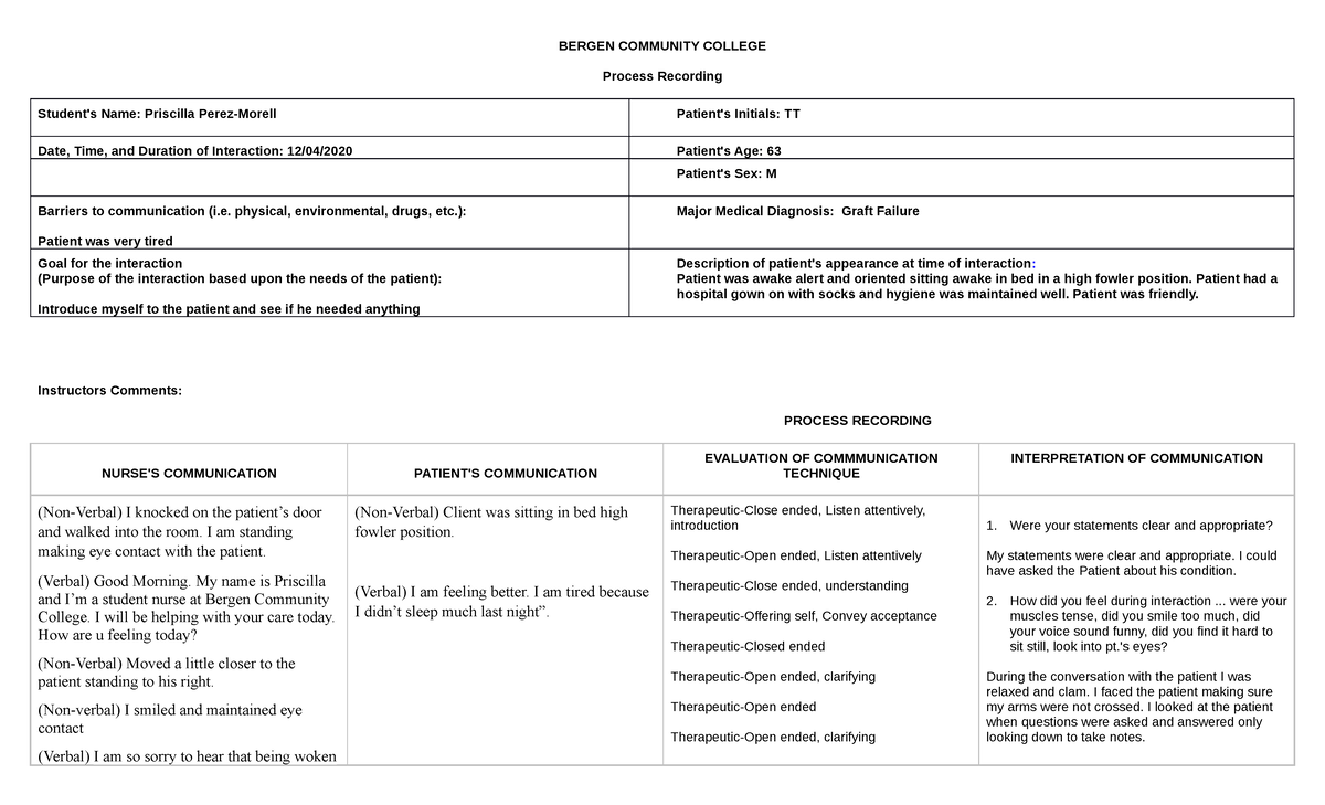 Blank Process Recording - BERGEN COMMUNITY COLLEGE Process Recording ...