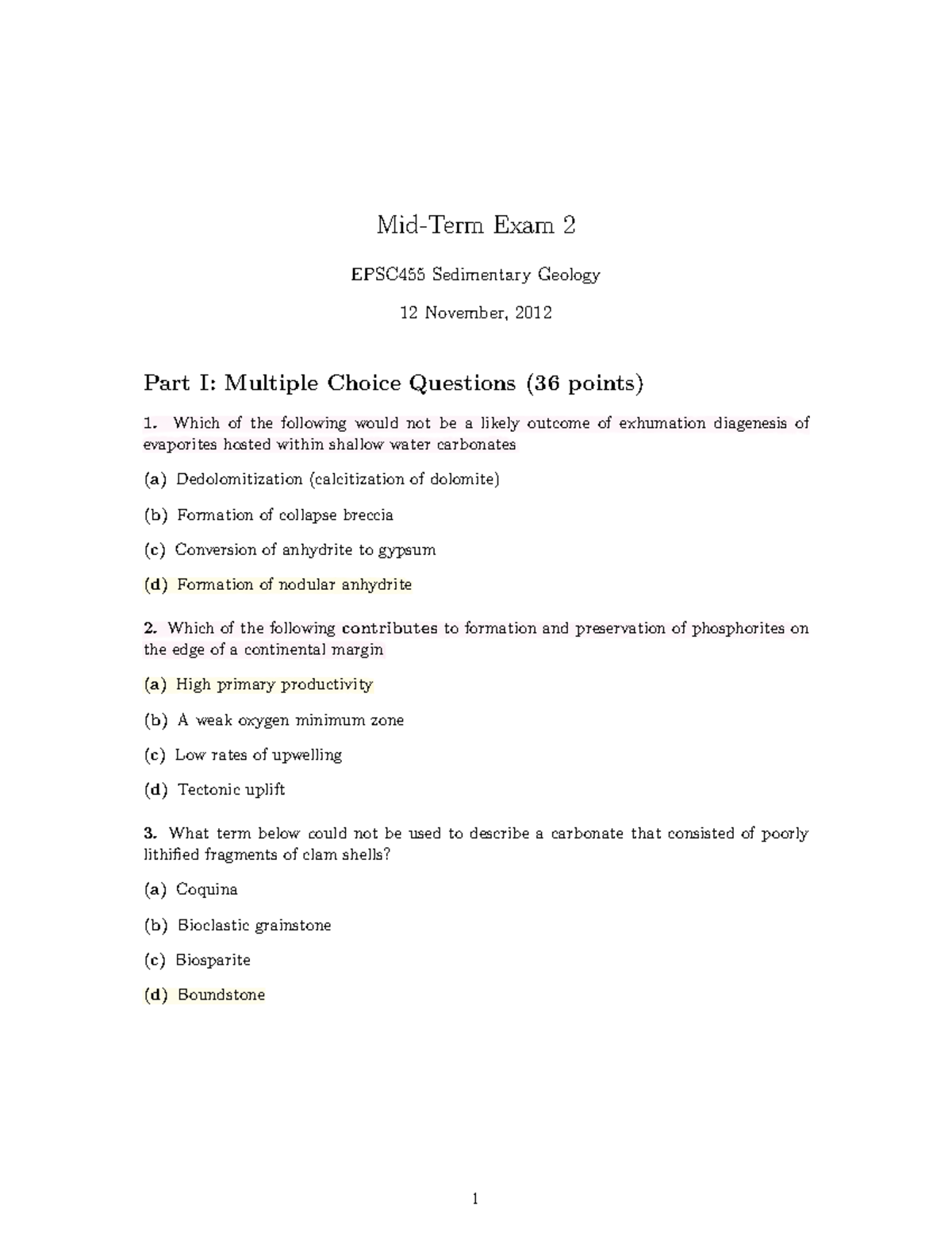 Exam 2014, Questions, Midterm Exam 2 - Mid-Term Exam 2 EPSC455 ...