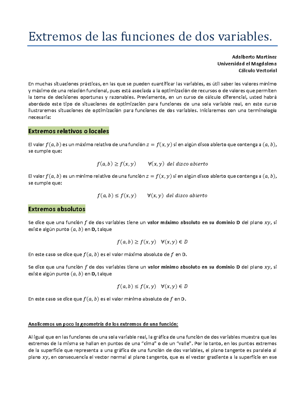 Clase 11 Extremos Relativos varias variables - Extremos de las funciones de dos variables ...