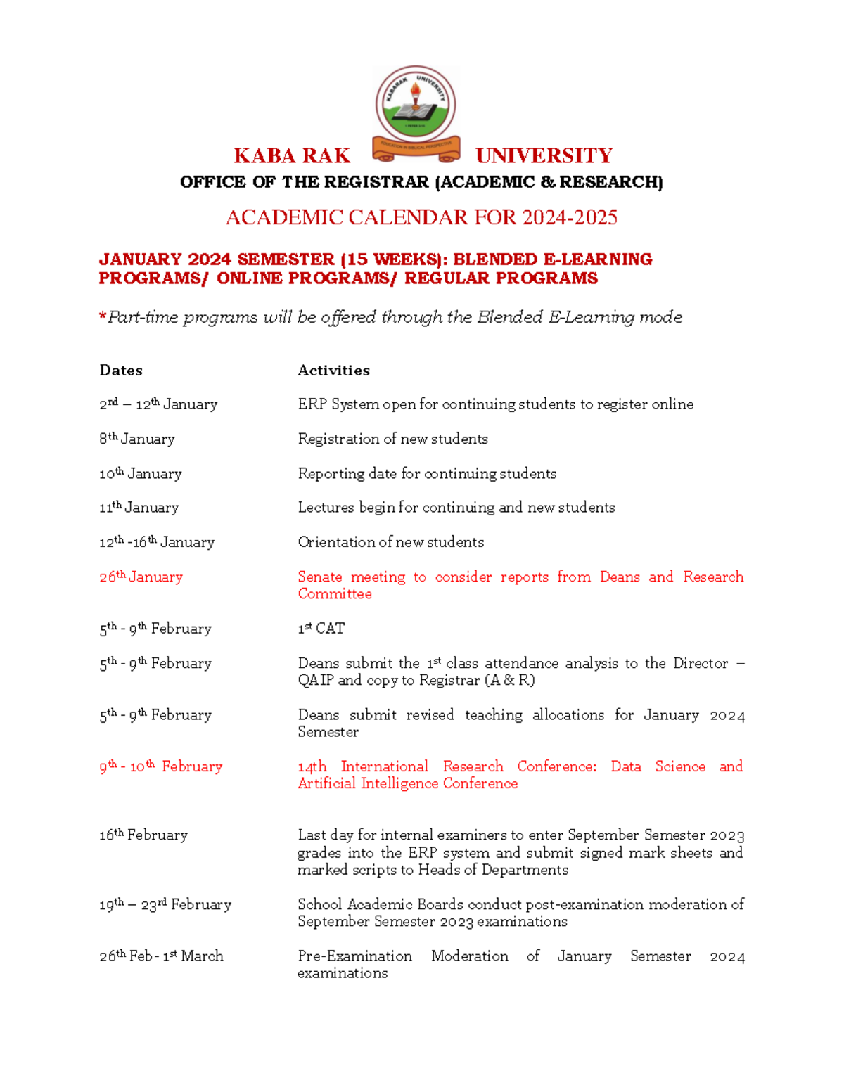 Academic calendar for 2024-2025 - KABA RAK UNIVERSITY OFFICE OF THE ...