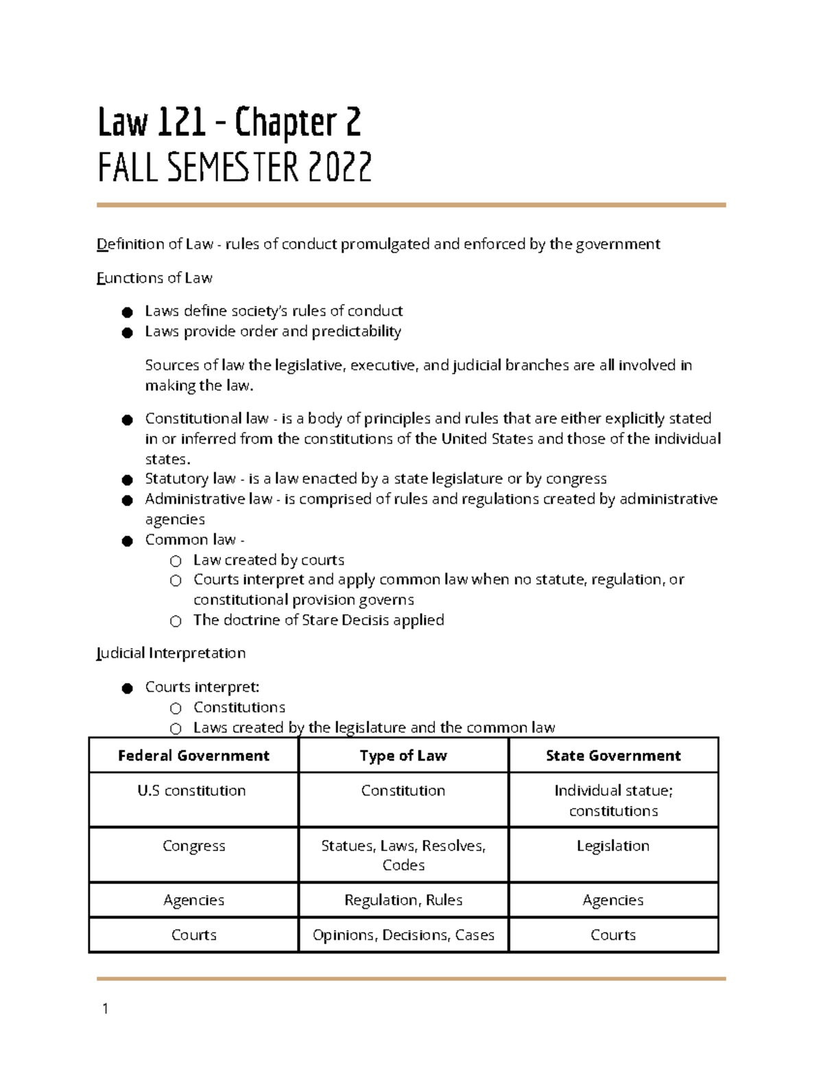 Law 121 - Ch. 2 (2022) - Notes from lectures - Law 121 - Chapter 2 FALL ...