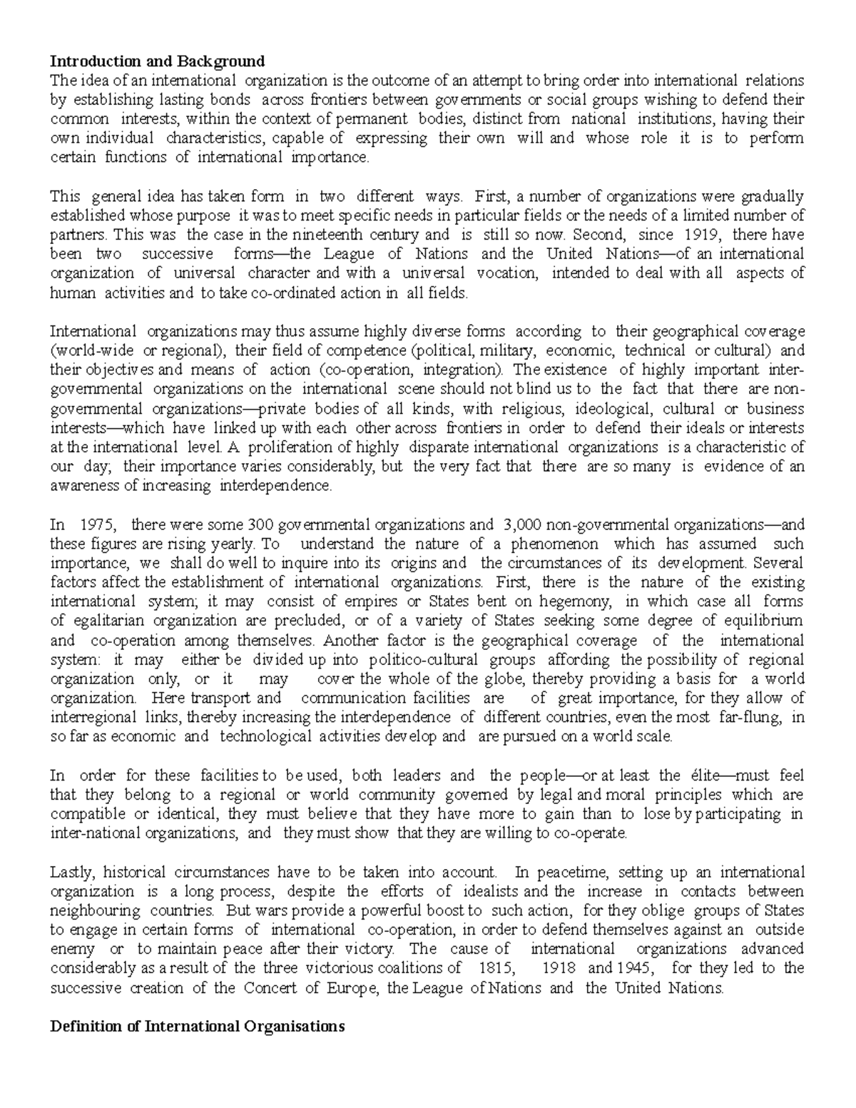 International Organisations - Notes - Introduction and Background The ...