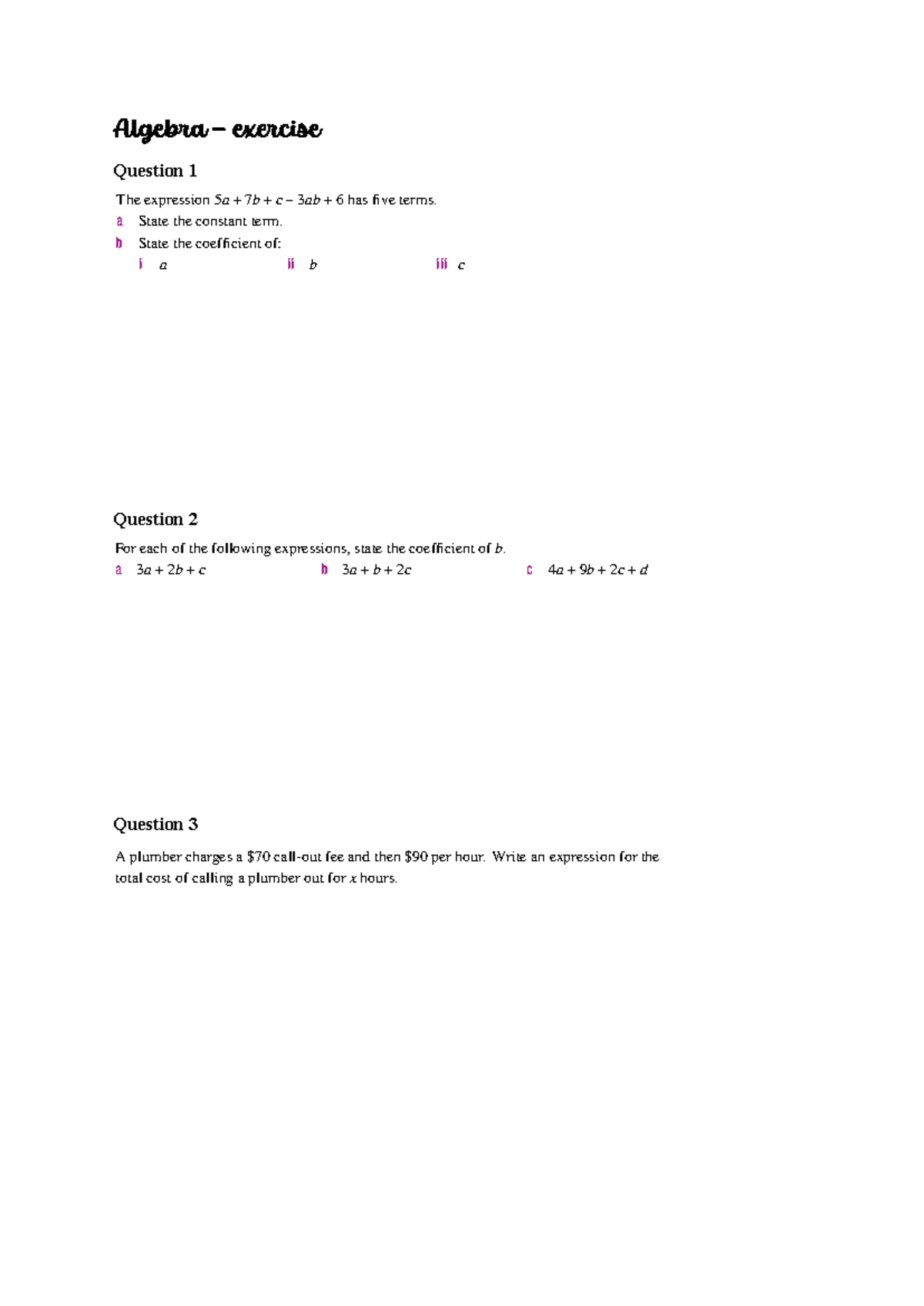 Algebra Exercises: Terms, Coefficients, and Expressions - Algebra ...