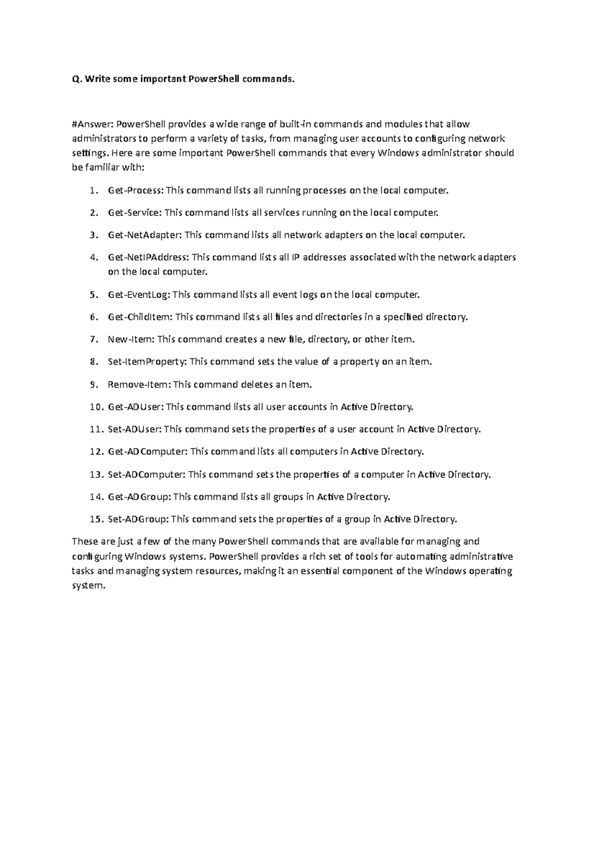Exam Question 3 Q Write Some Important Powershell Commands Answer