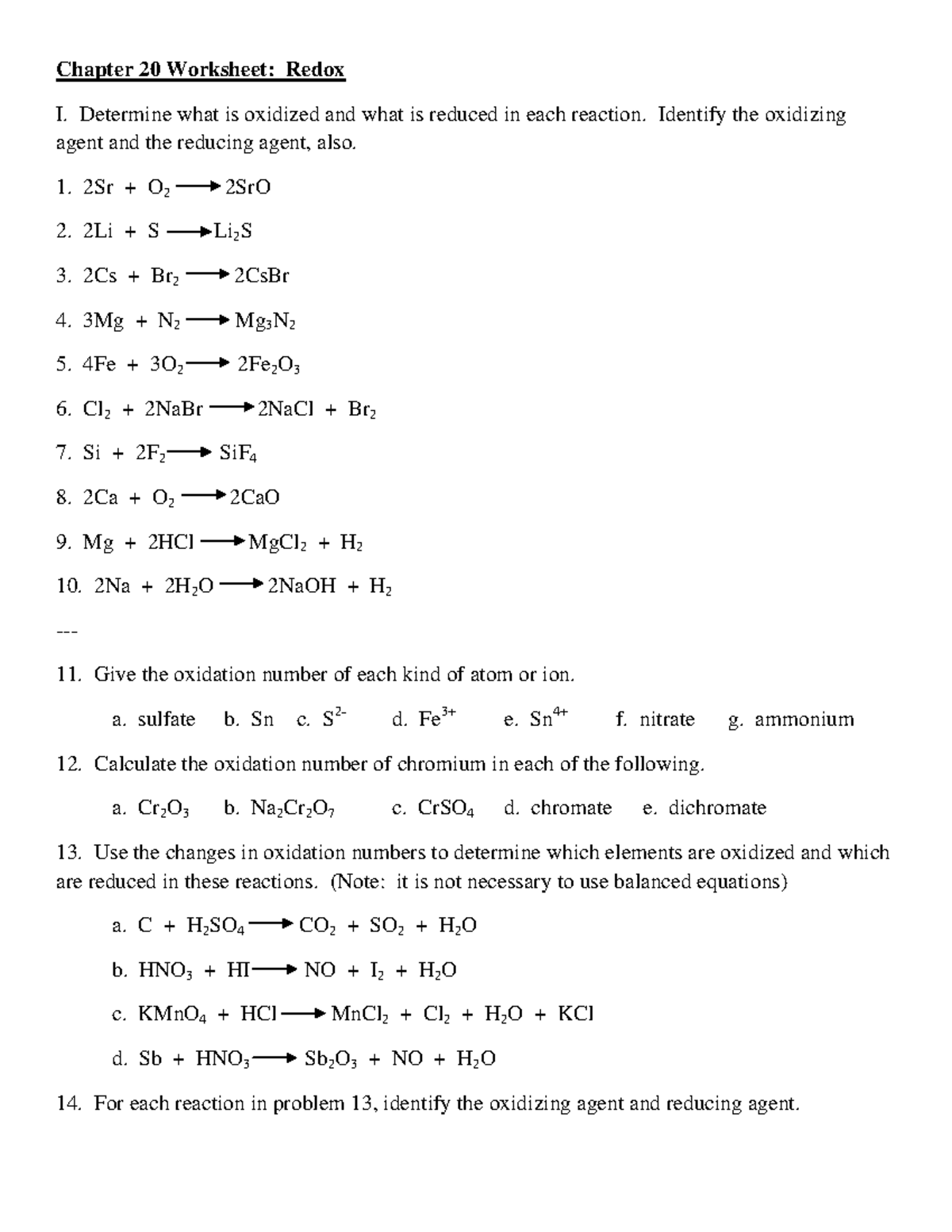 Chapter 20 Redox Worksheet: Identifying Oxidation and Reduction ...