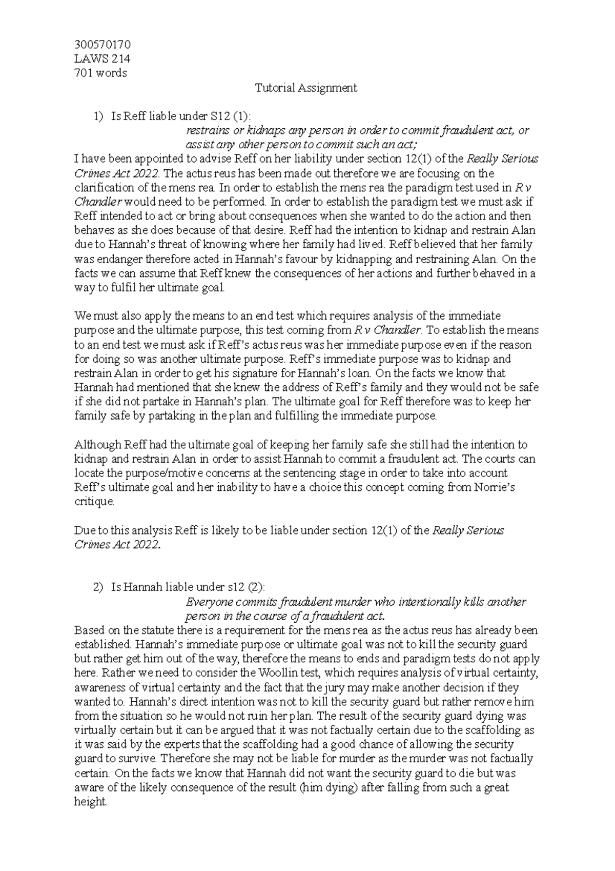 214 Tutorial Assignment 300570170 Laws 214 701 Words Tutorial Assignment Is Reff Liable Under