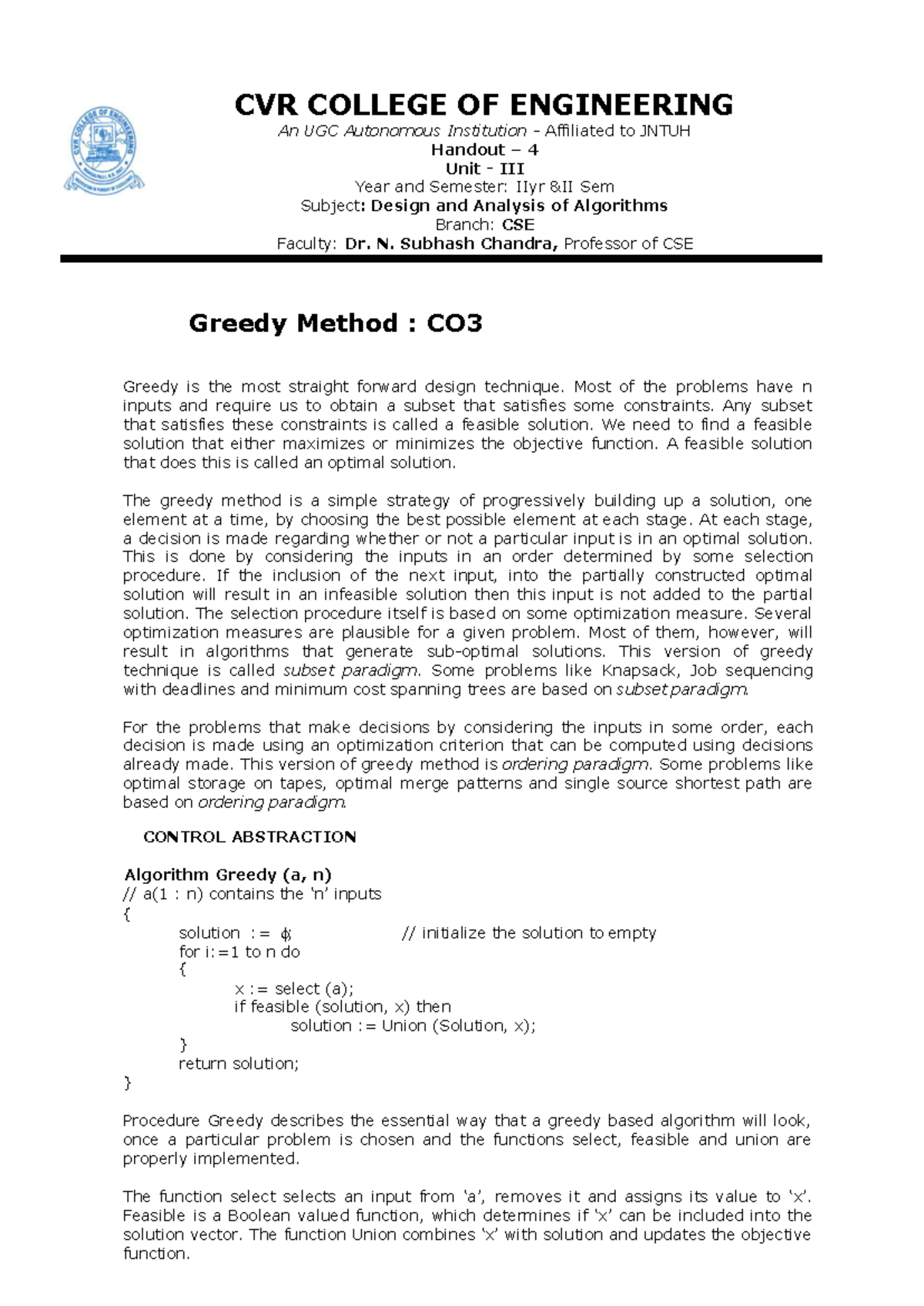 Design analysis and algorithms part-2 - CVR COLLEGE OF ENGINEERING An ...