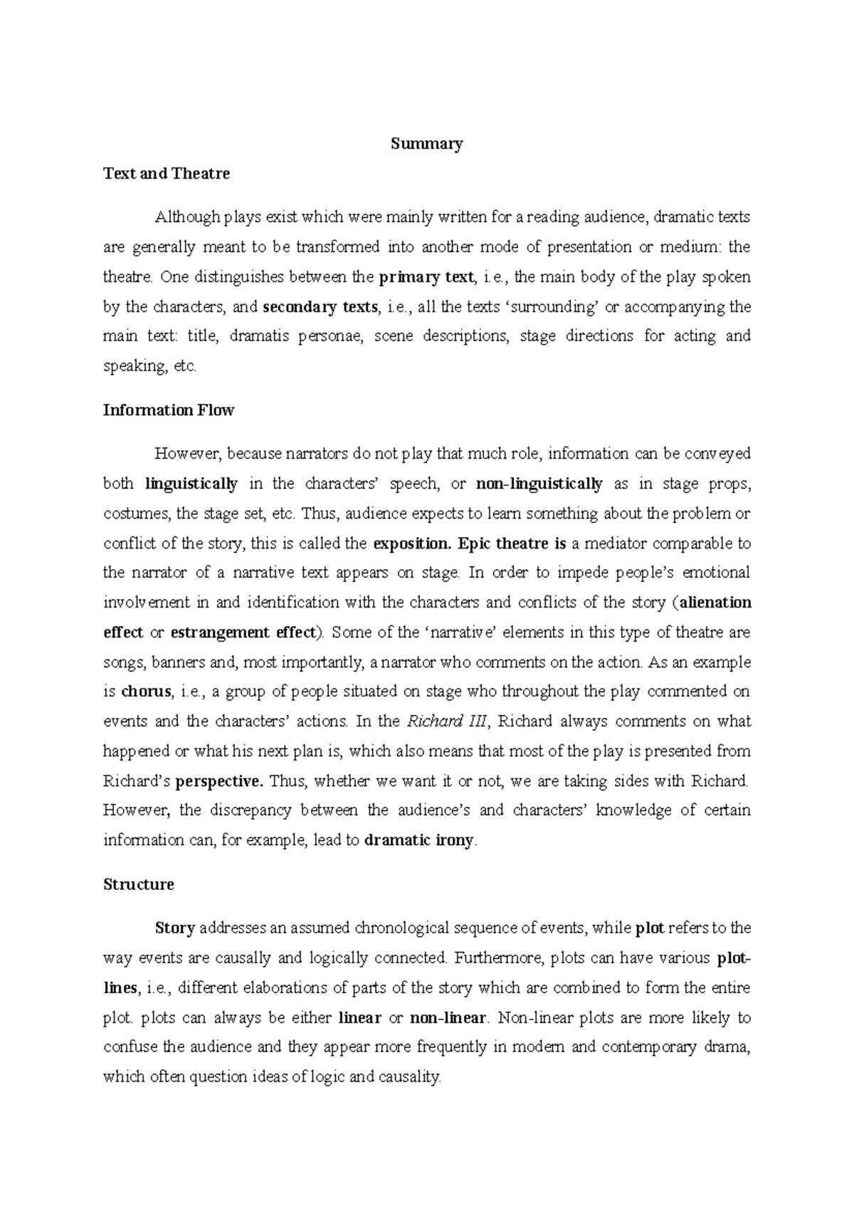 Basic Analysis of Drama-Summary of Elements in Drama - Summary Text and Theatre Although plays ...