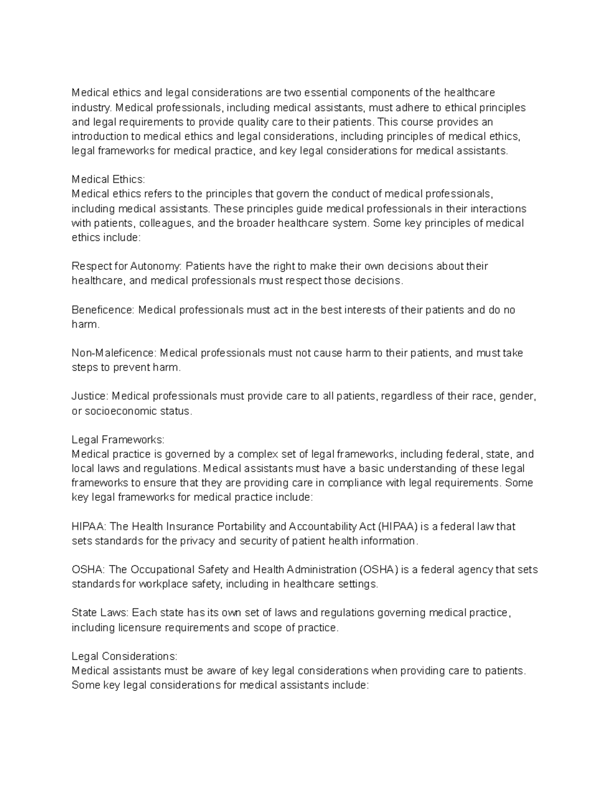 Medical Ethics and Legal Considerations - Medical professionals ...