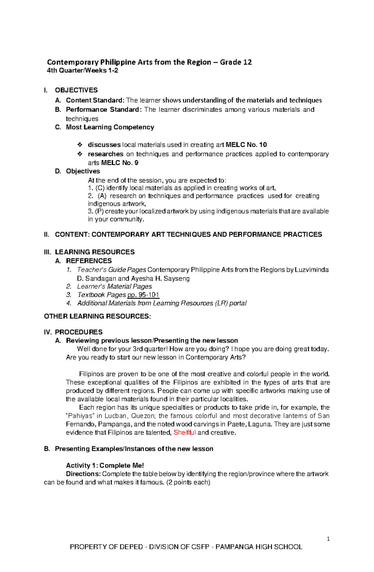 Weeks 1 and 2 Contemporary Arts - ####### 1 Contemporary Philippine ...