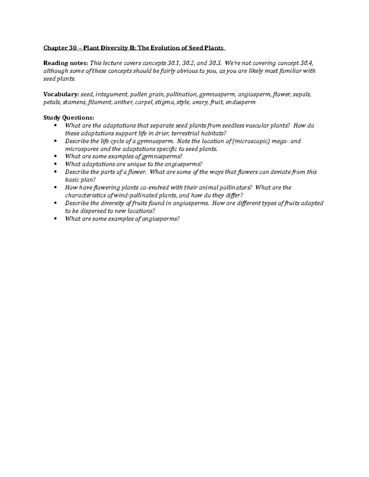 Study Guide 30 - Notes for Exams 1,2,3,4 and Final - Chapter 30 – Plant ...